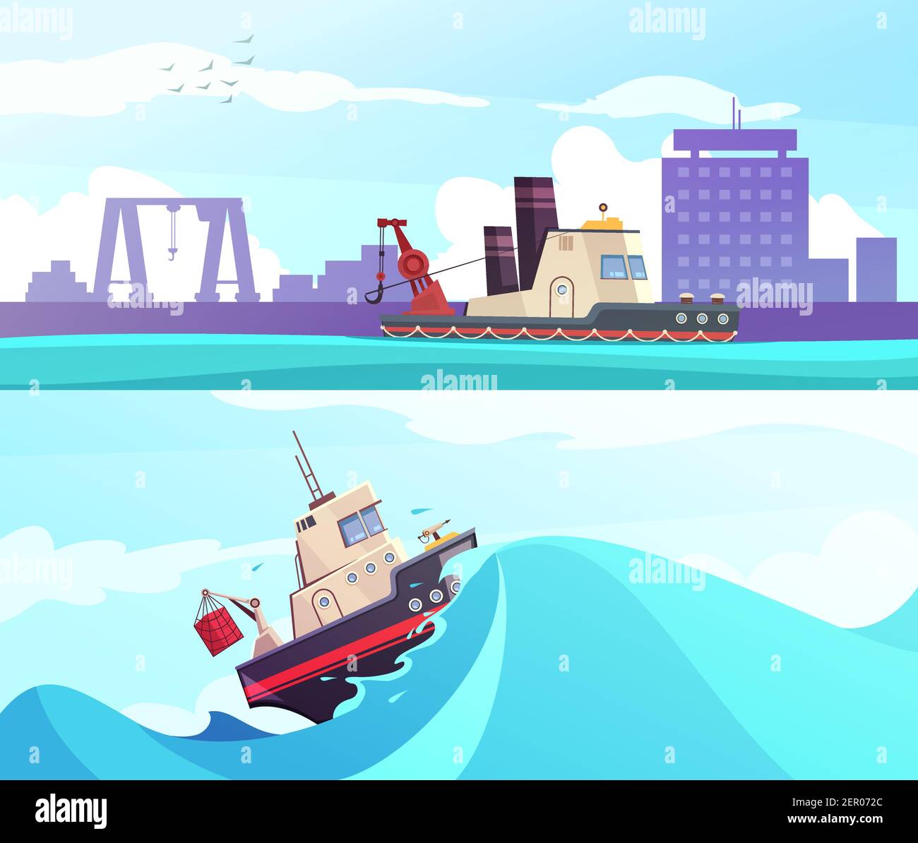 Nautical horizontal banners with fishing ship on wave and vessel on ...