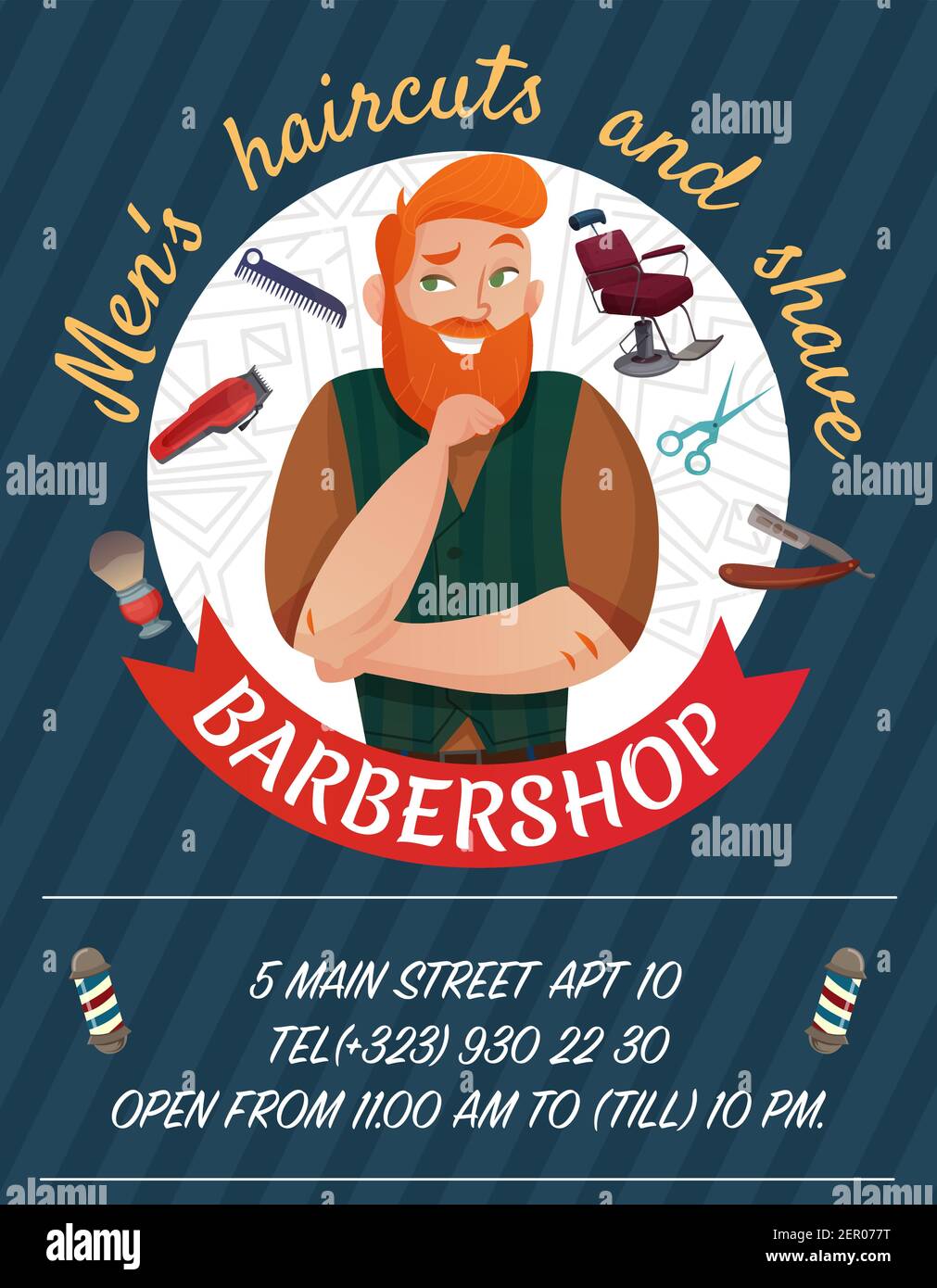 Barber shop cartoon advertising poster on dark background with master ...