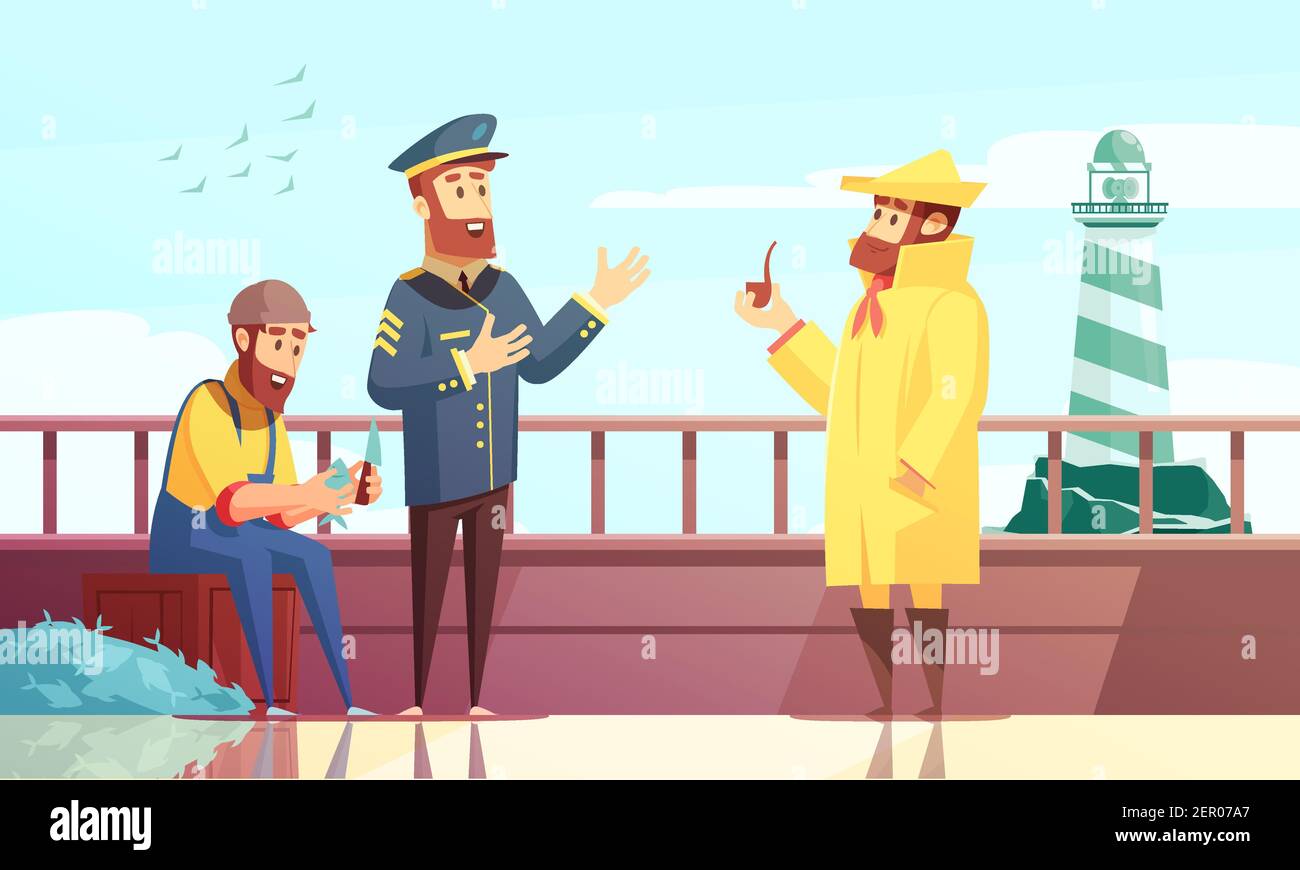 Nautical cartoon background with three sailors on fishing ship deck ...
