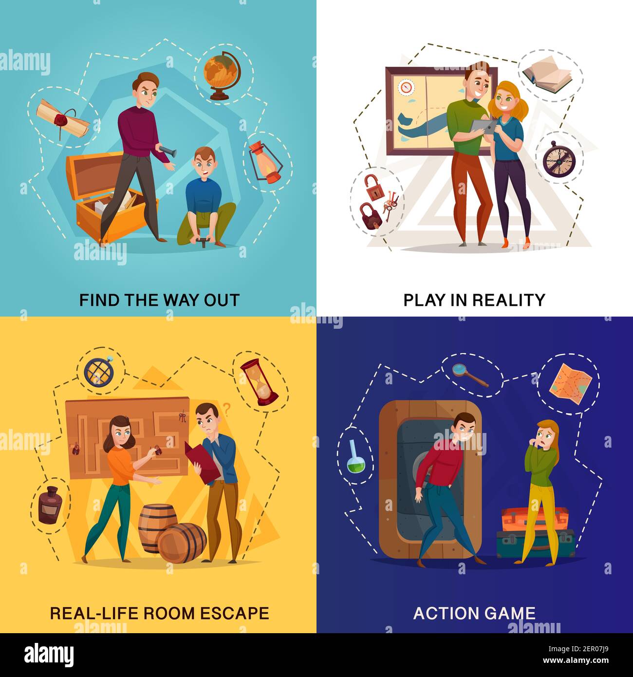 Quest in reality cartoon design concept, room escape, find way out ...