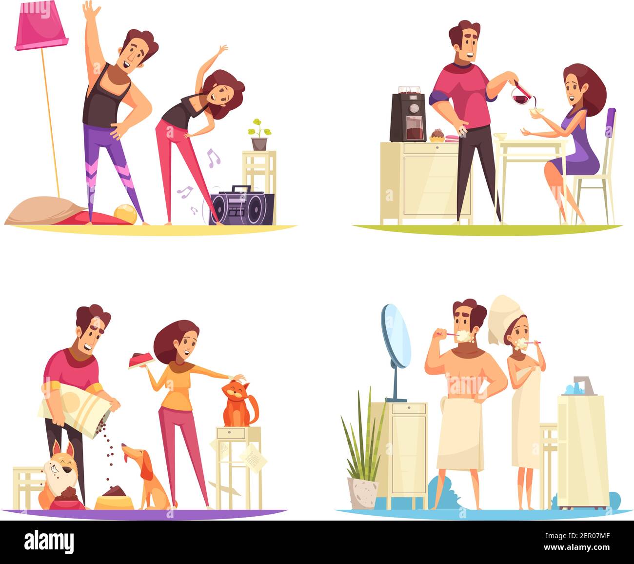 Cartoon 2x2 design concept with couple cleaning teeth having breakfast ...