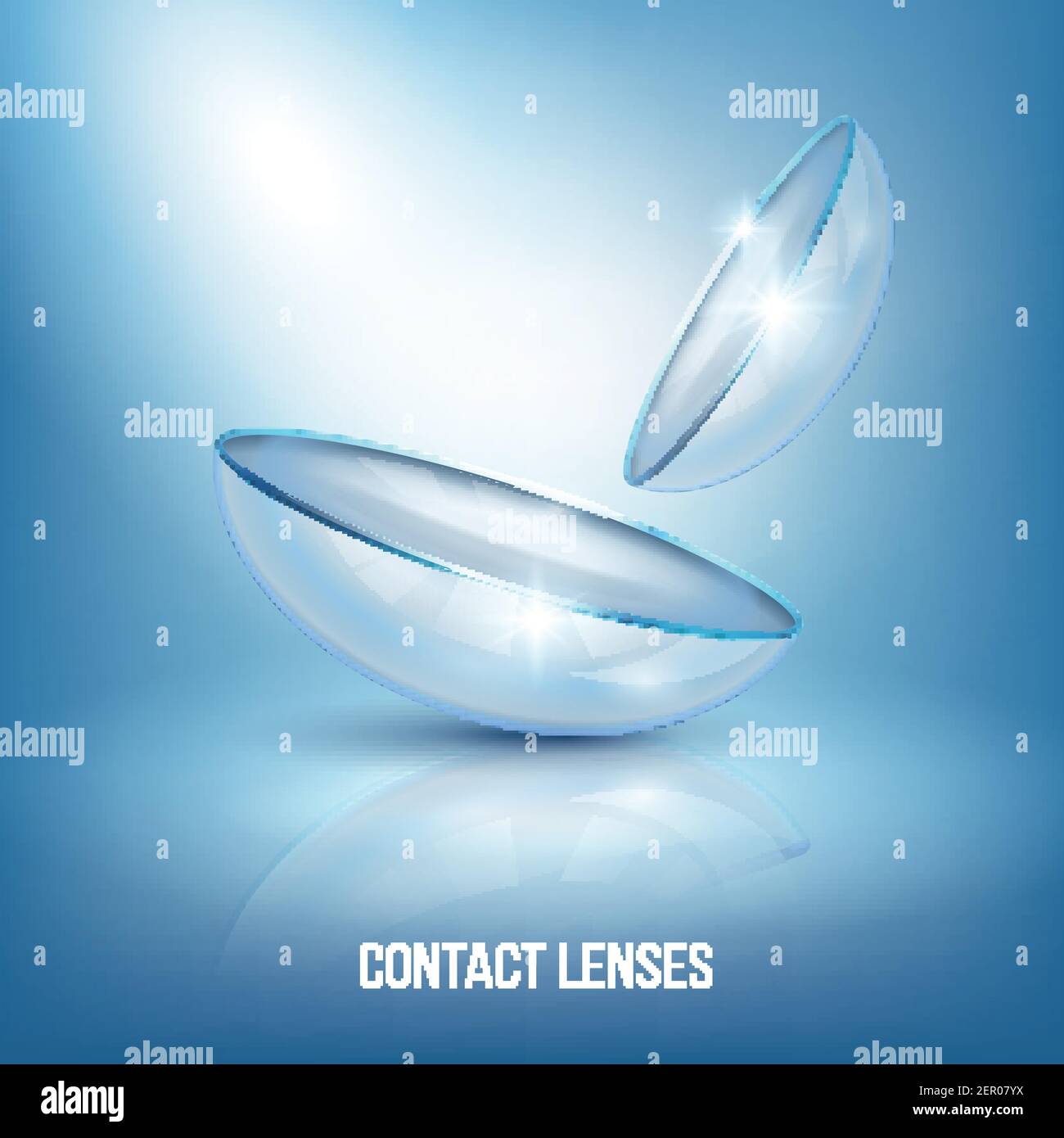 Realistic glossy eye lenses with reflection, composition on blue ...
