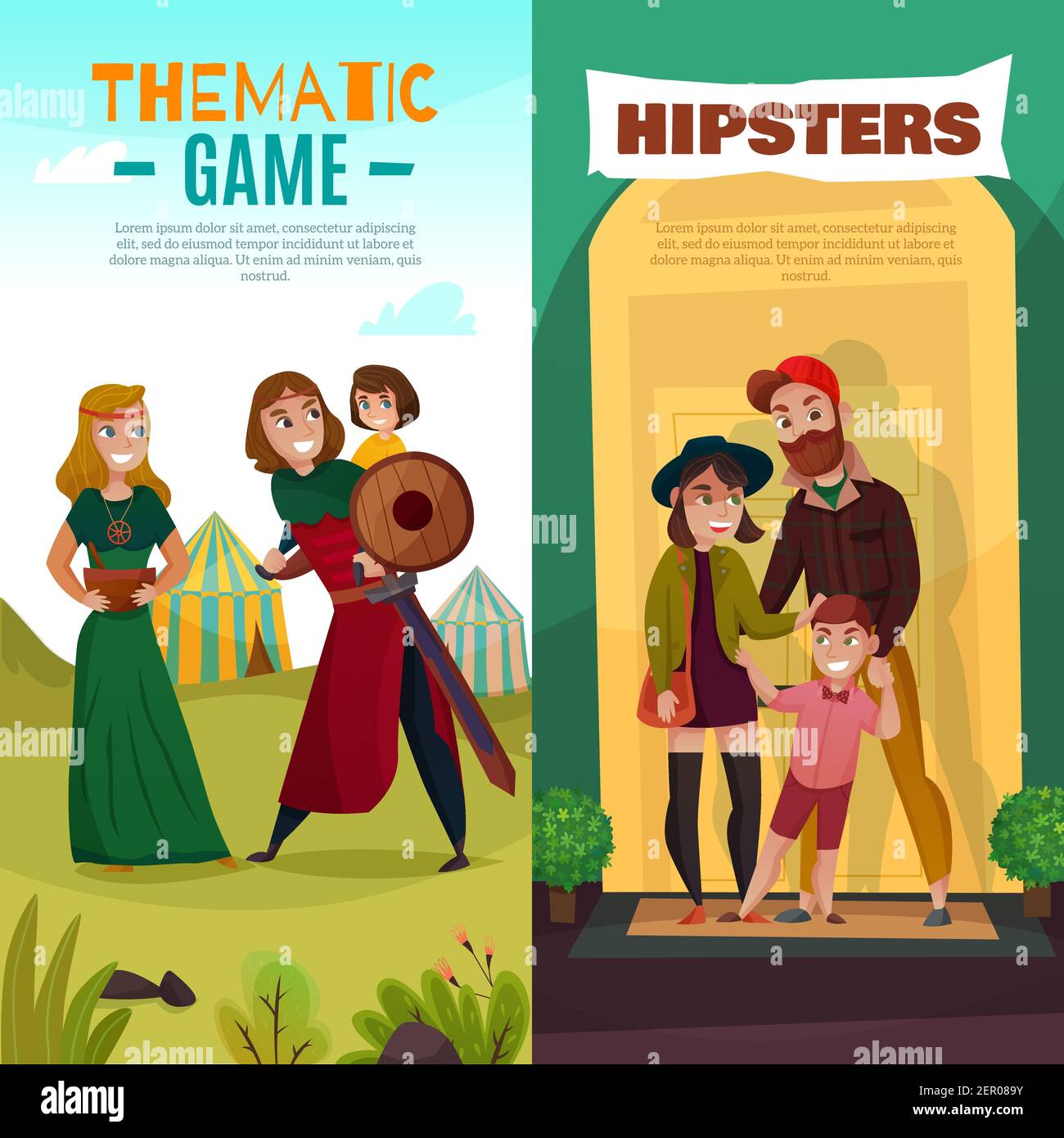 Subcultures cartoon banners, family of hipsters in trendy clothing and ...