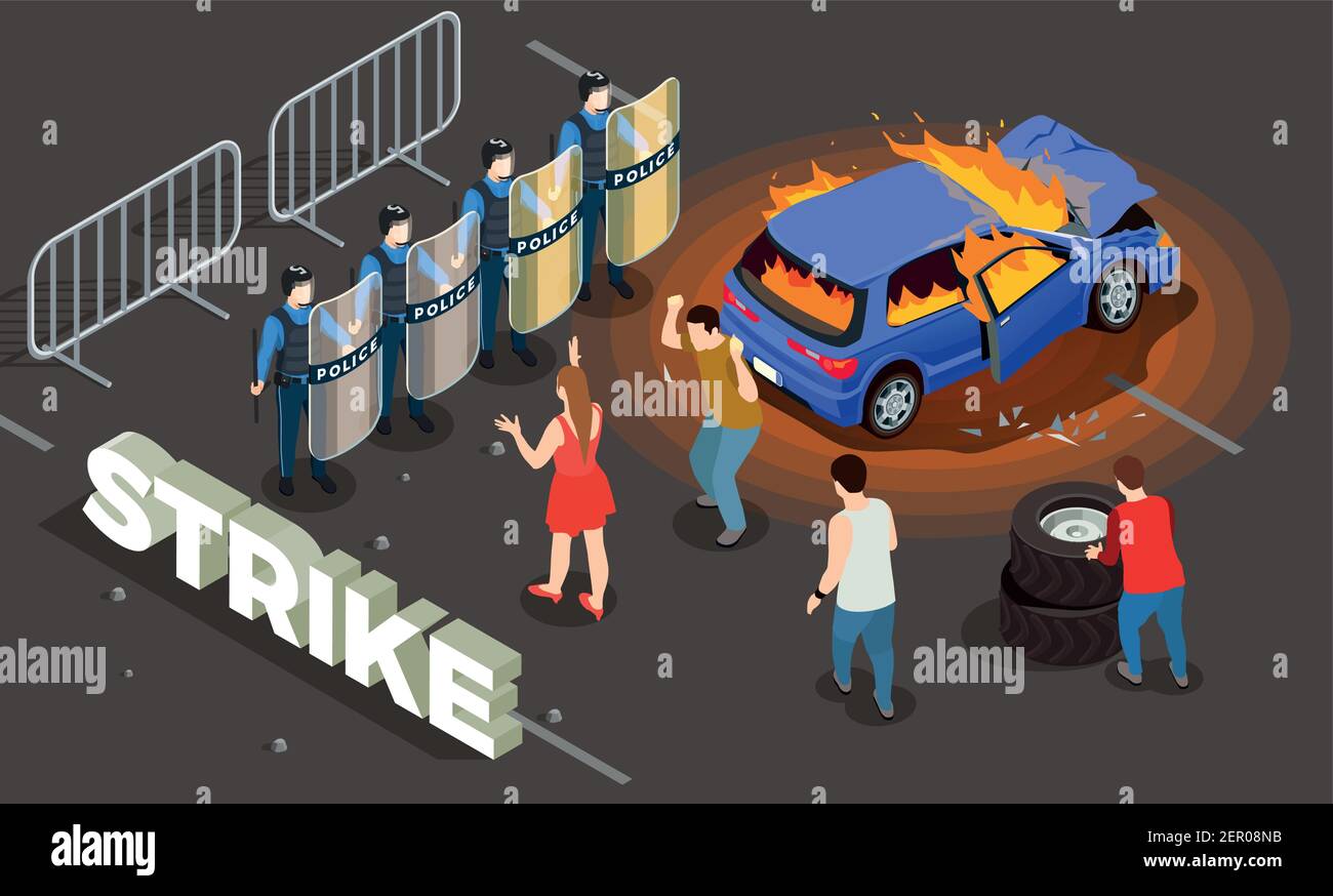 Police isometric background with strike police and people symbols ...