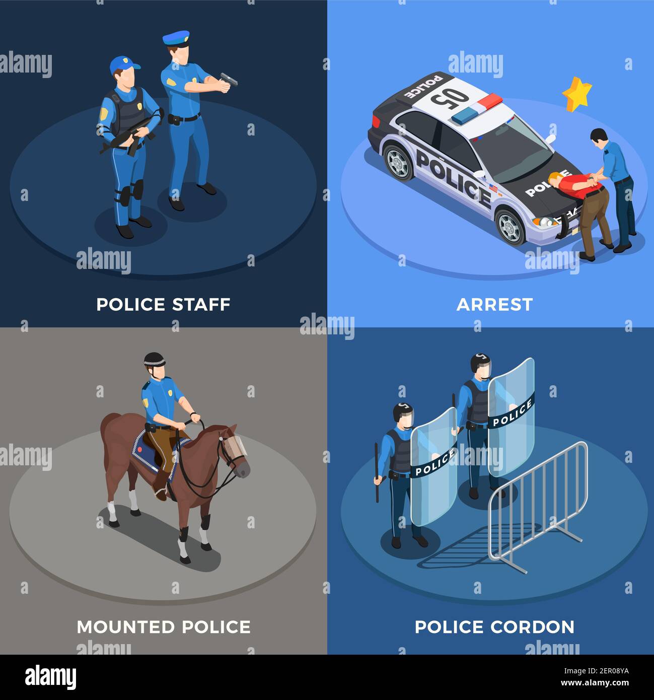 Police isometric concept icons set with arrest symbols isolated vector ...