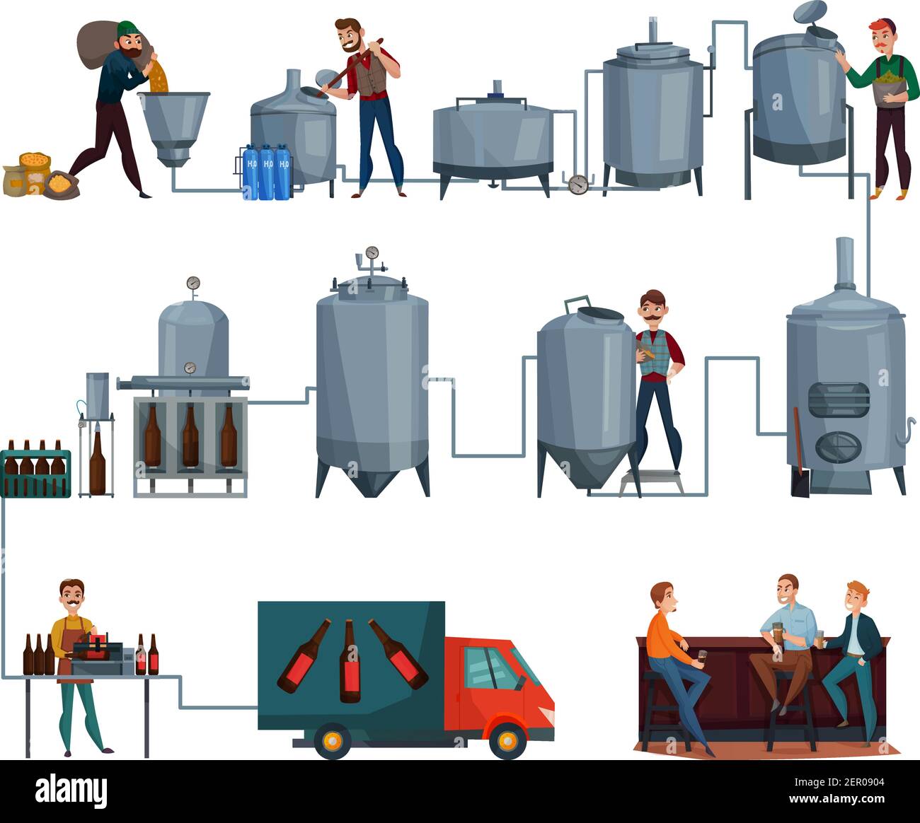 Beer production cartoon set, manufacturing line of brewing and men with ...