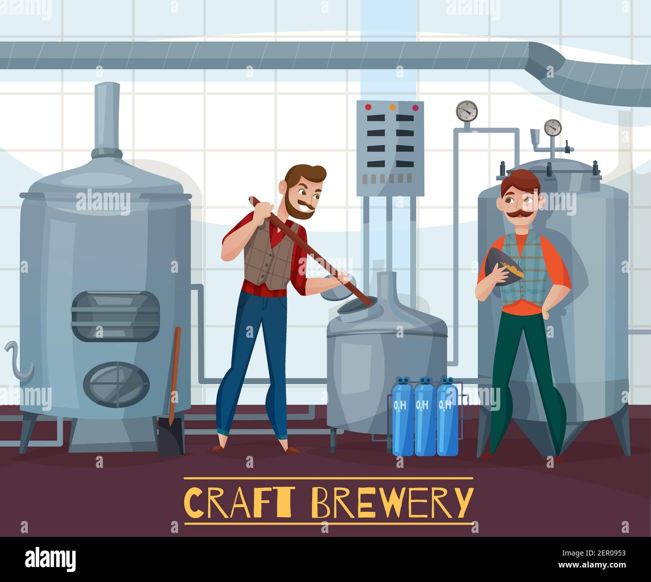 Craft brewery, smiling workers during beer production on industrial ...