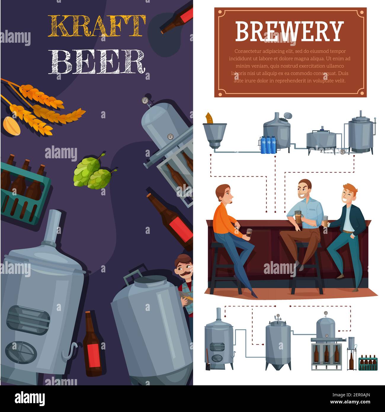 Beer production vertical cartoon banners, industrial equipment, brewing ...