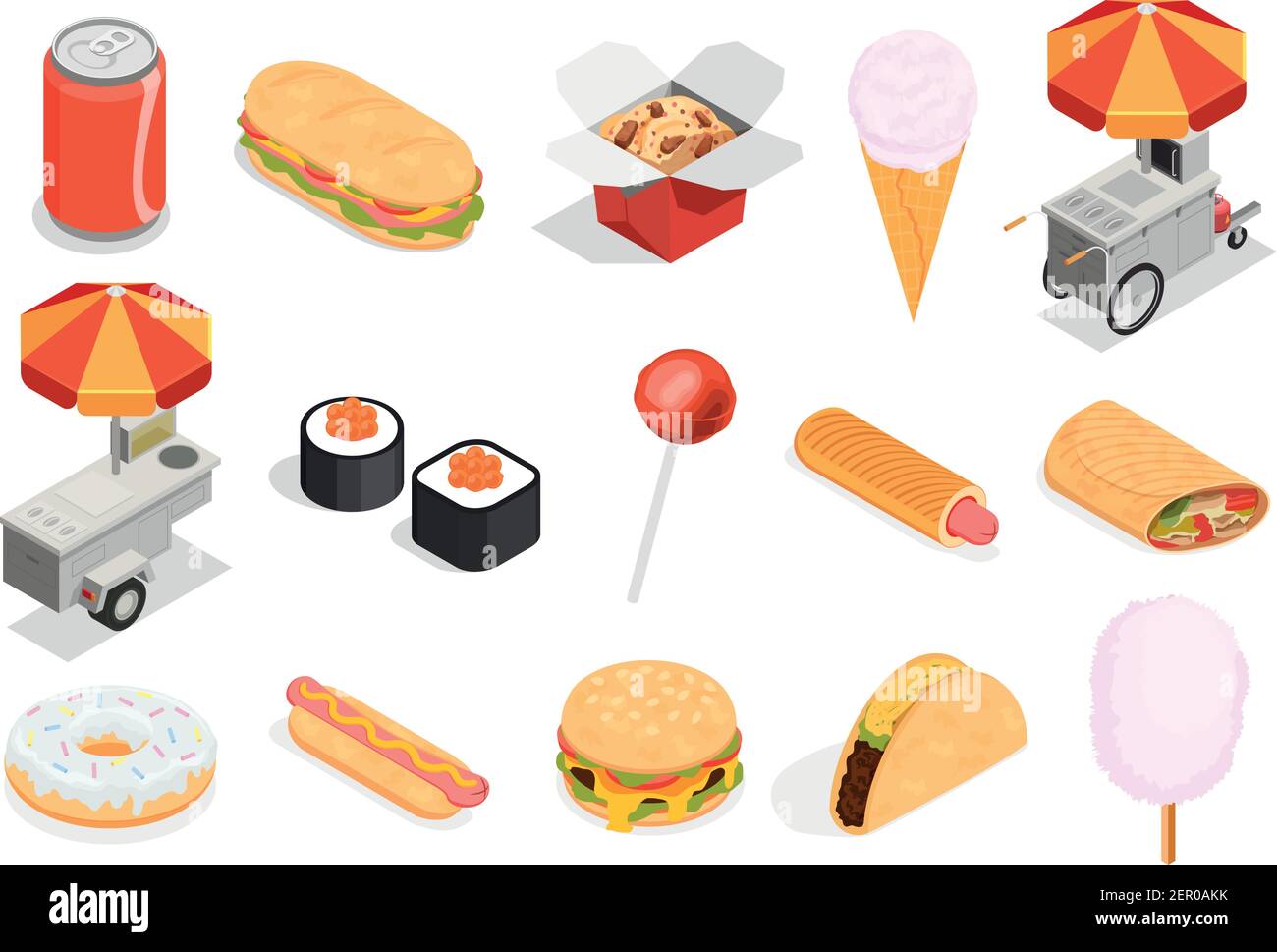 Street food icons set with sweets and fast food symbols isometric ...