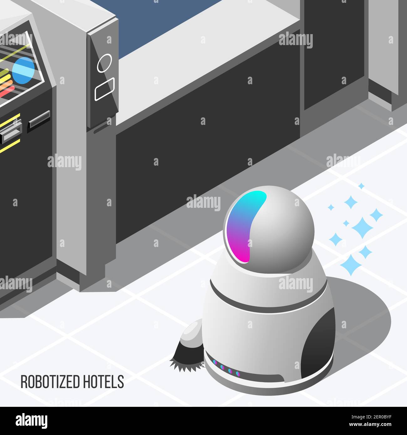 Robotized hotels isometric background with modern robotic cleaner and ...