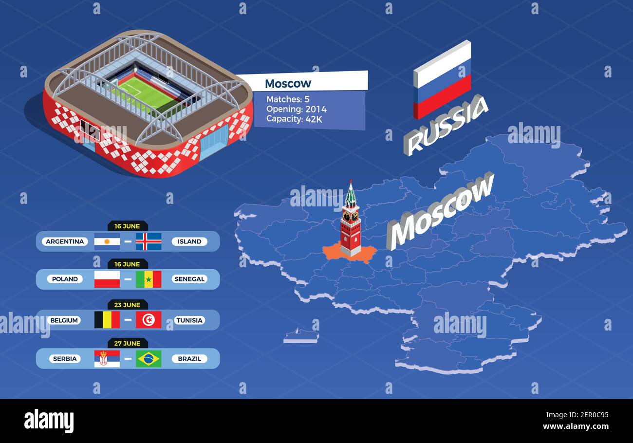 Russia, Moscow. June 2018. Soccer cup isometric composition with ...