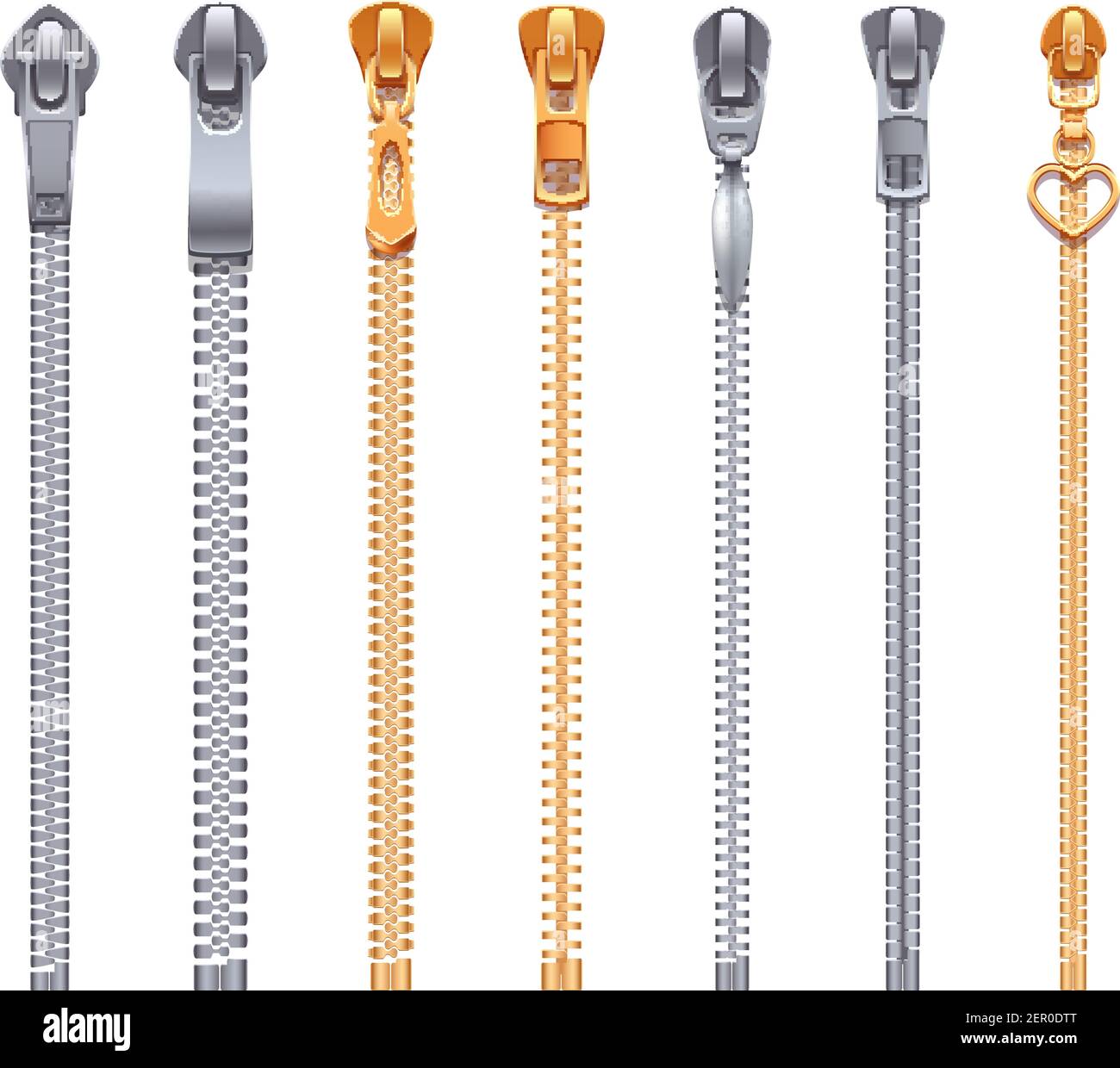 Metallic and plastic zipper collection with different form of pullers realistic set isolated on ...