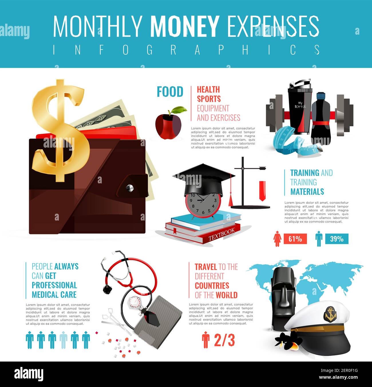 Monthly expenses infographics with realistic leather wallet with money ...