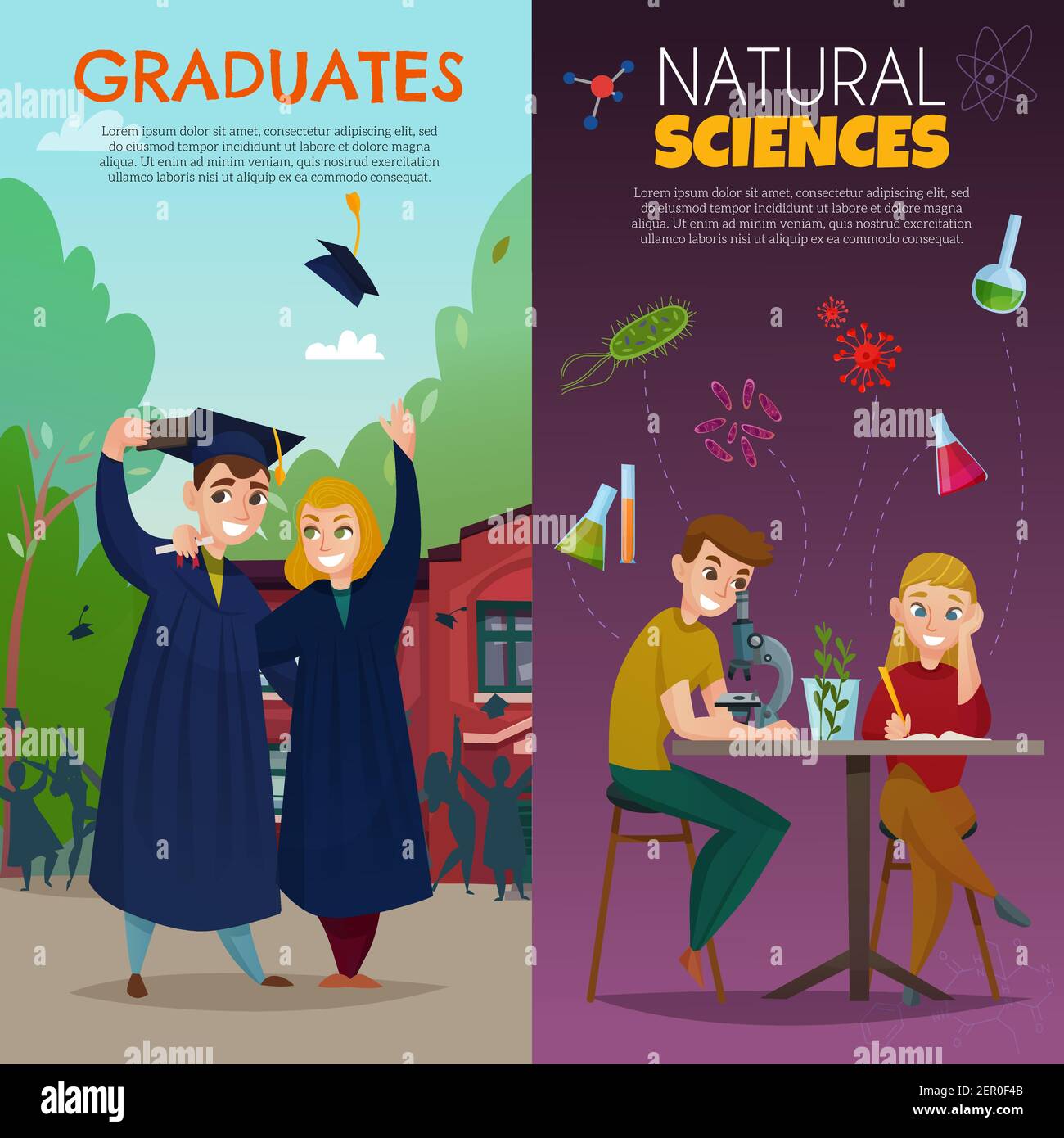 Set of vertical cartoon banners school students learning natural ...