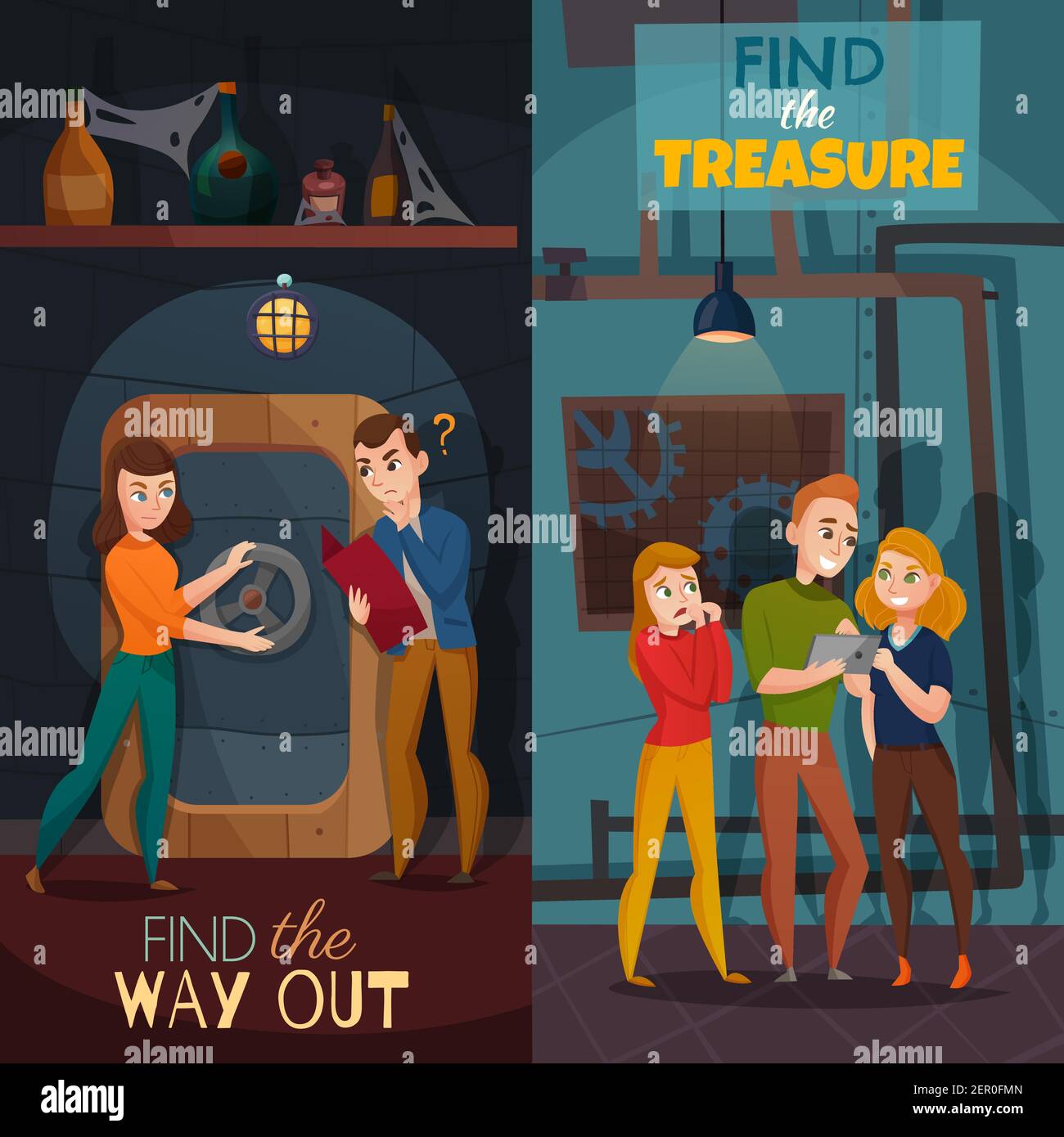 Quest game reality vertical cartoon banners with find way out and ...