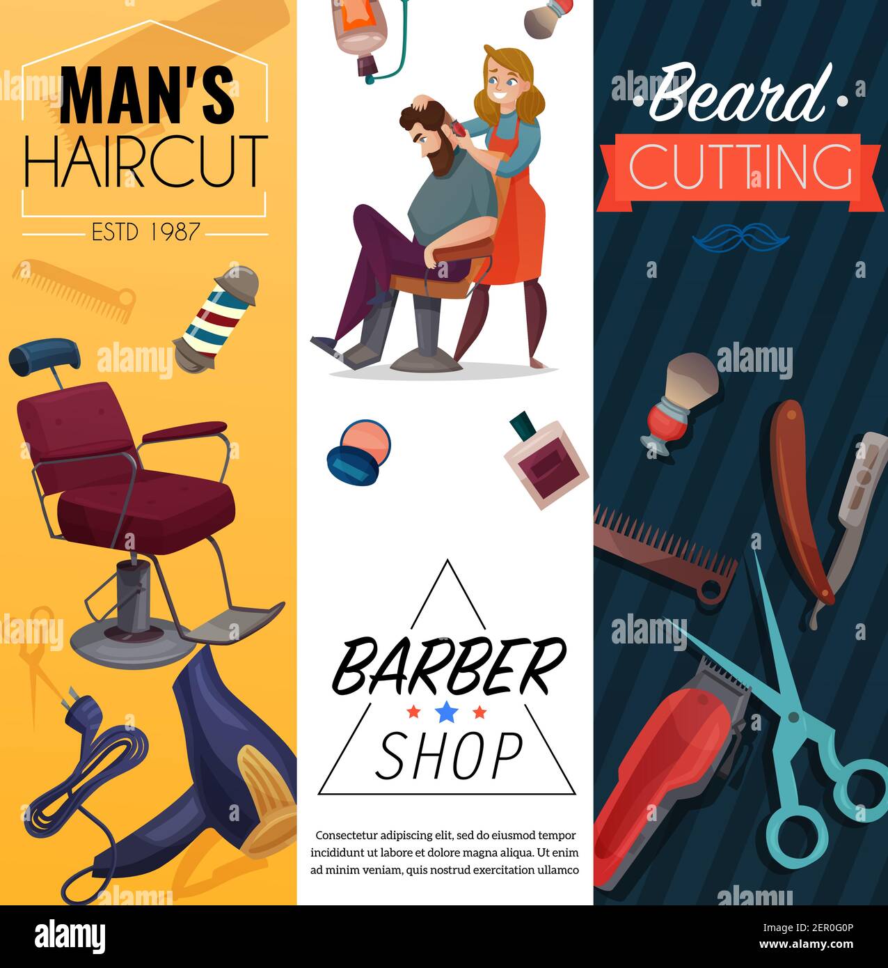 Barber shop vertical cartoon banners, mens coiffures, master and ...