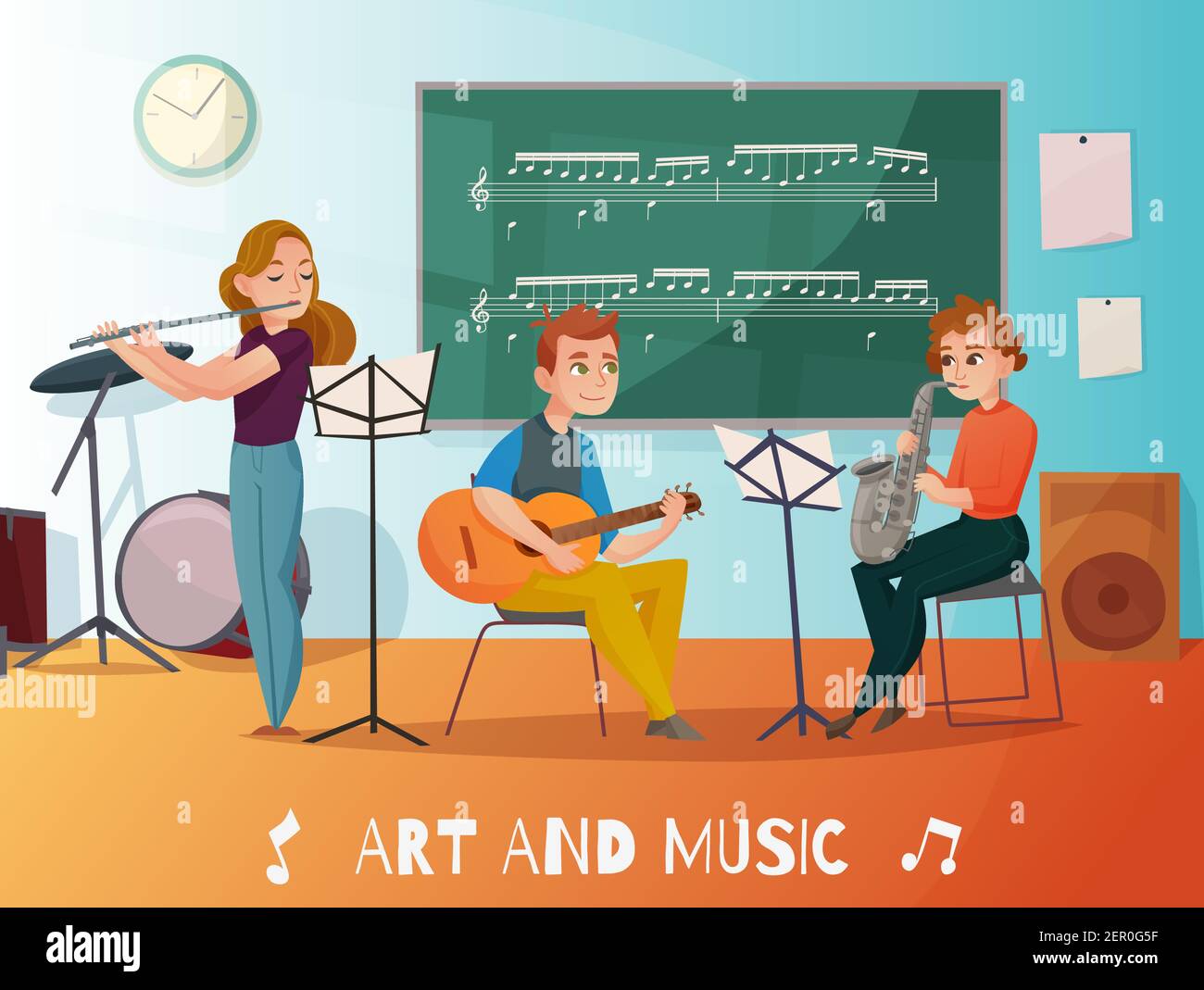 Music lesson in school, students playing saxophone, guitar and flute ...