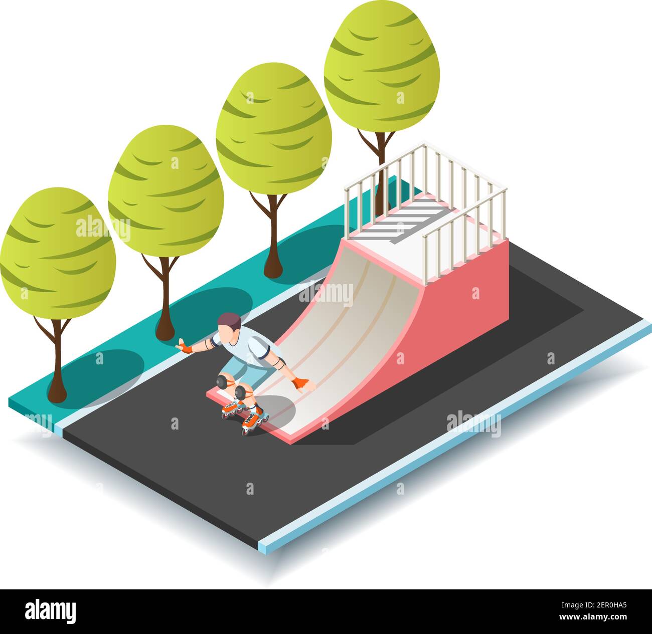 Sports ramp for roller and skateboarders with young sportsman with knee ...