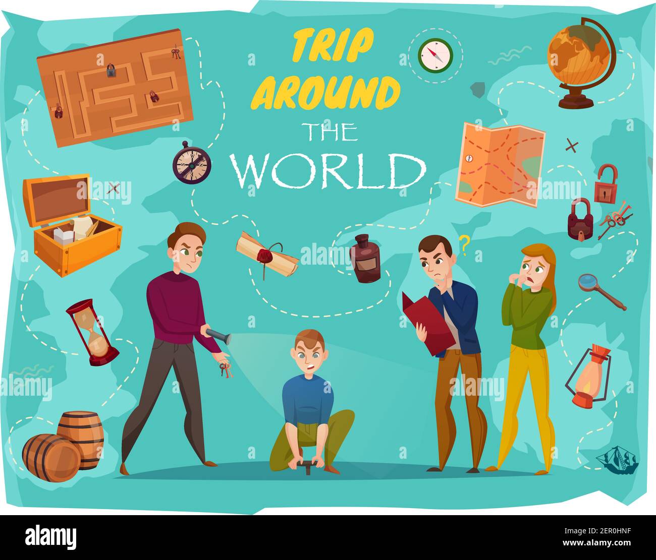 Quest in reality cartoon poster with human characters, game elements ...