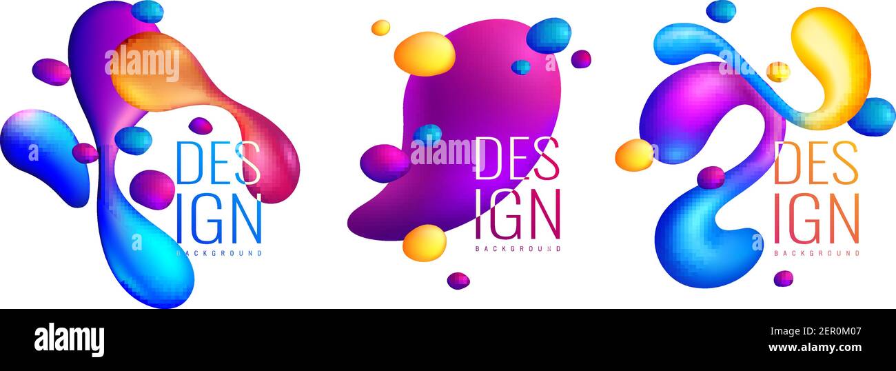 Set of holographic fluids compositions, colorful flowing smooth shapes, abstract design isolated ...