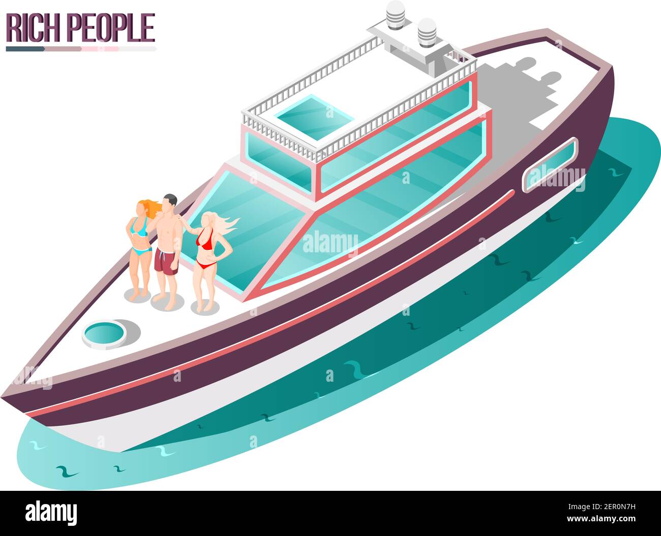 Rich life isometric composition with young people in swimsuits ...