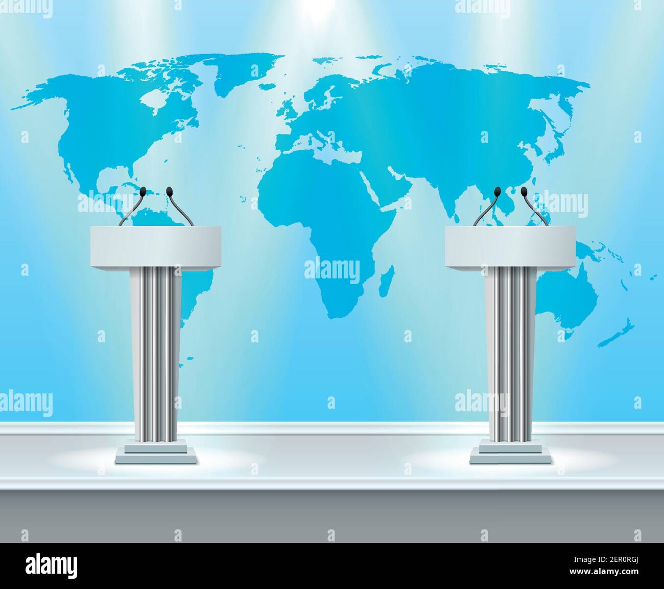Realistic debate composition with two white tribunes for presentations ...