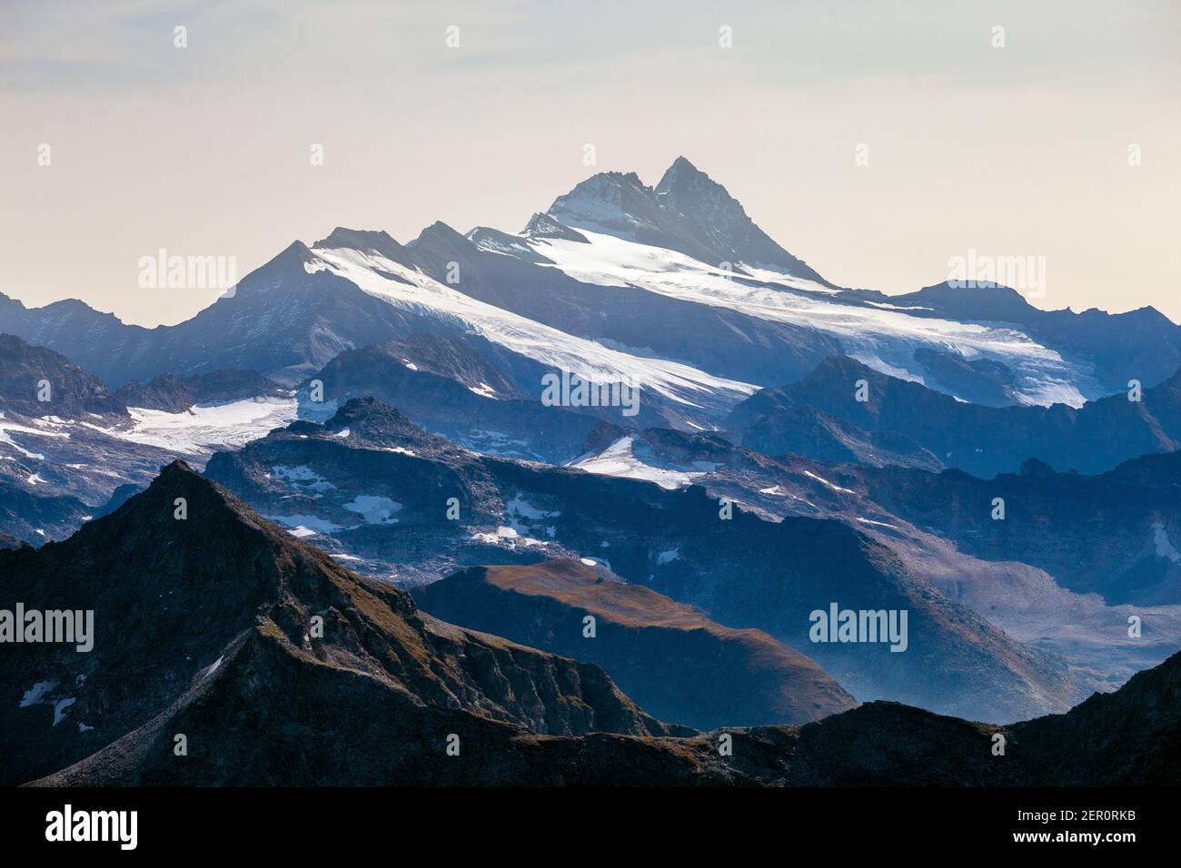 View on west side of Glockner group. Großglockner mountain peak ...