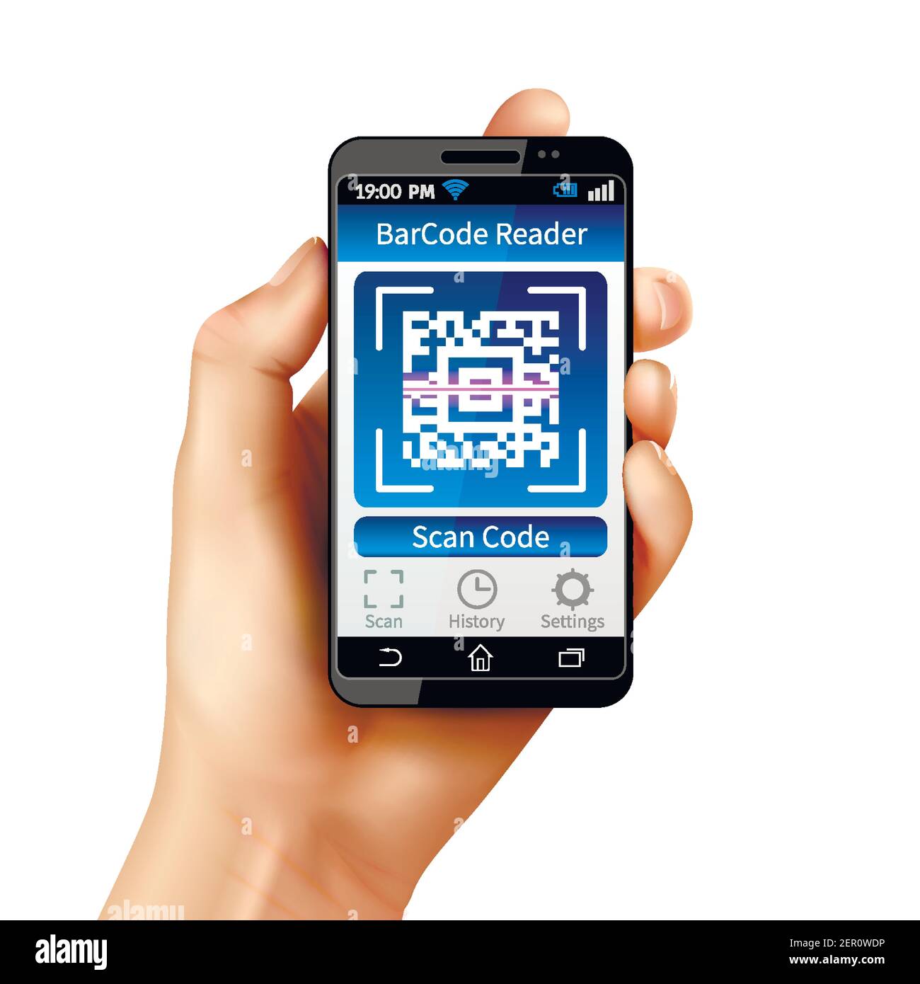 Hand holding smart phone with scanning of qr code on screen realistic ...