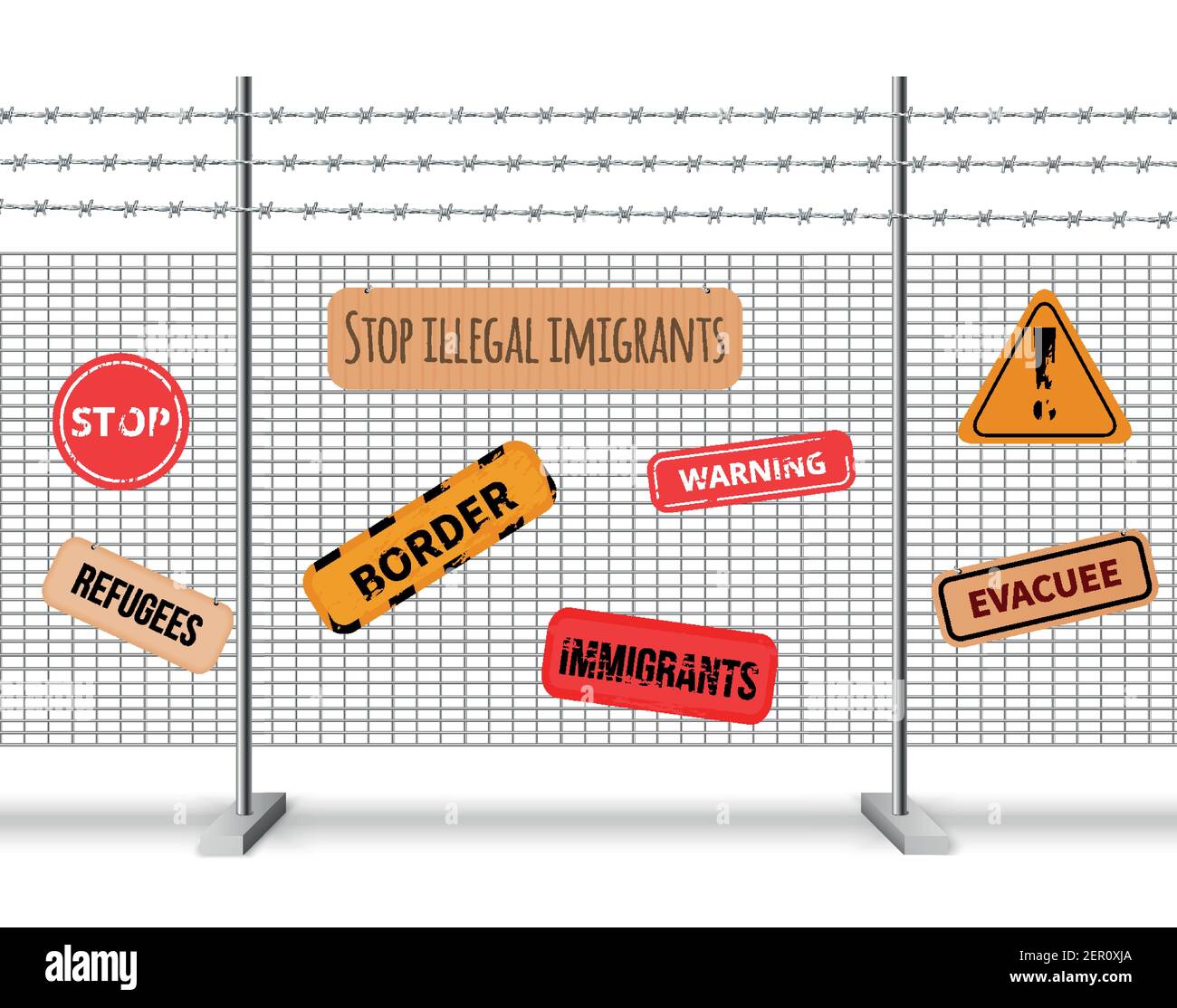 Immigrants fencing barrier realistic composition and signs with ...