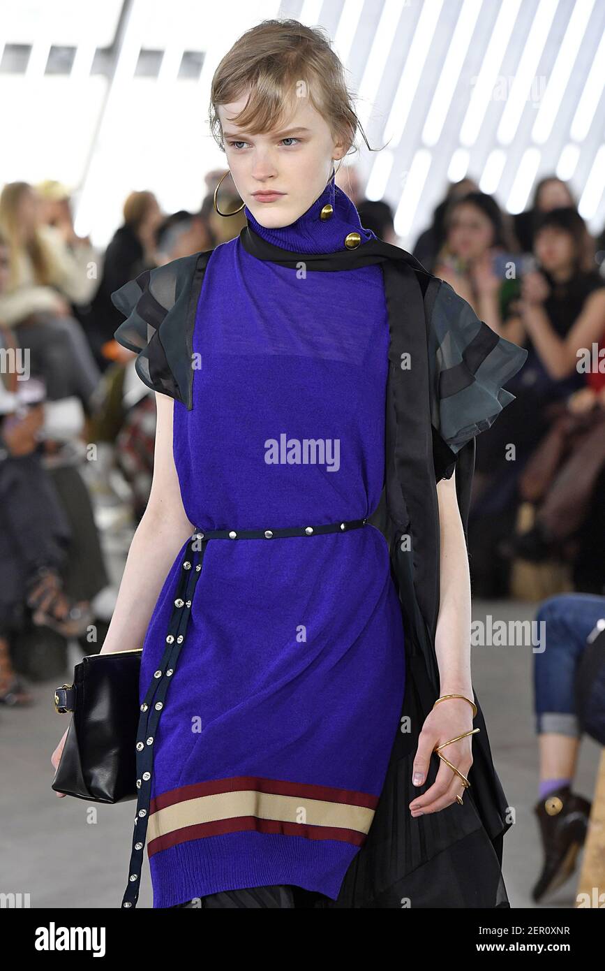 Model Hannah Motler walks on the runway during the Sacai Fashion Show ...