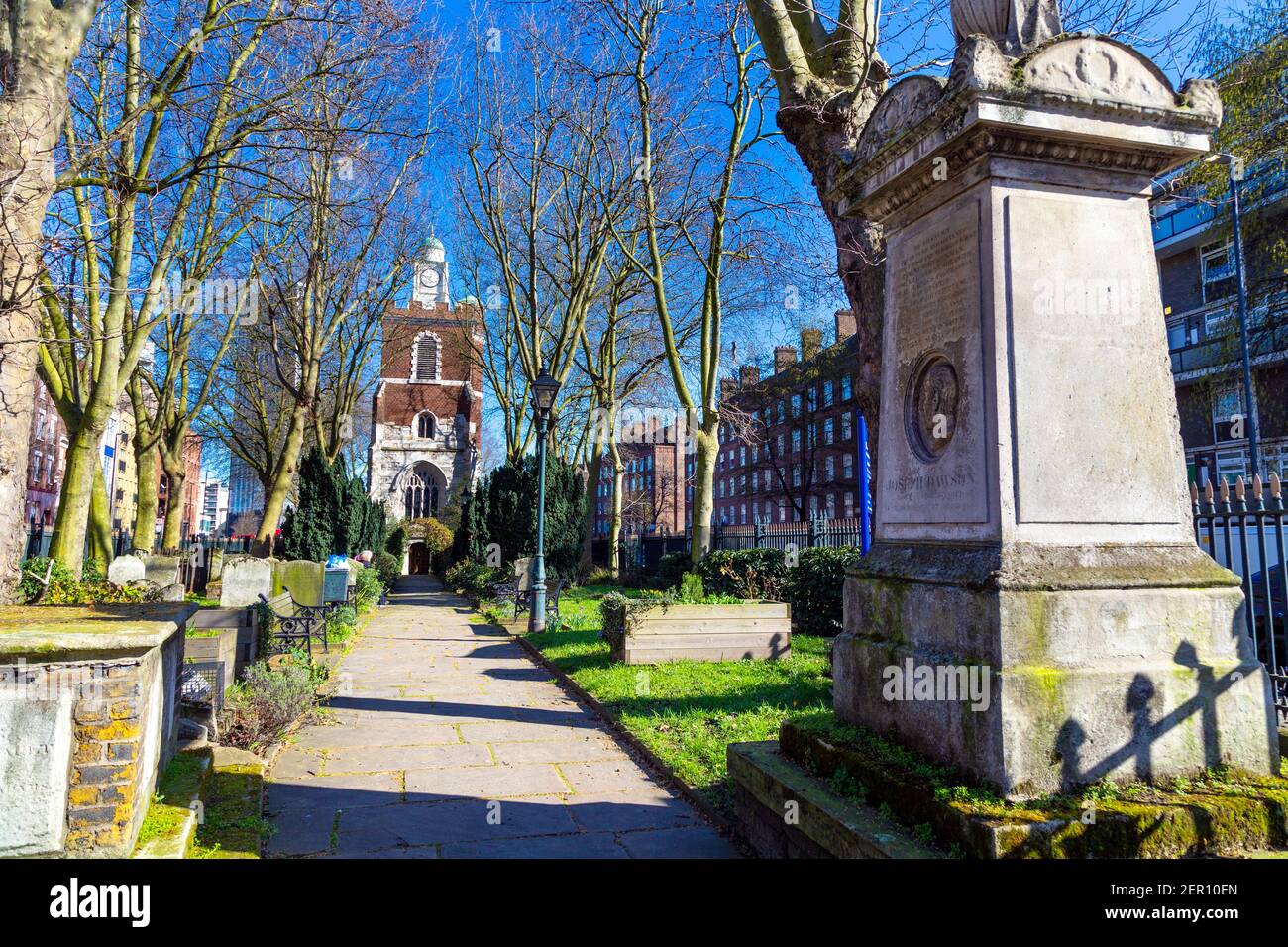 14th century Bow Church with a small churchyard in Bow, Tower Hamlets ...