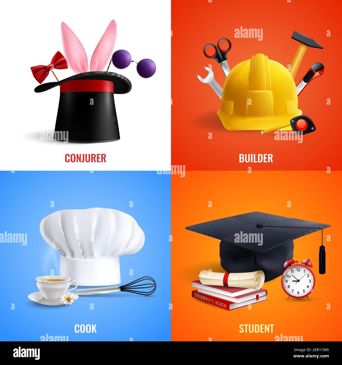 Different professions realistic design concept hats of cook, builder ...