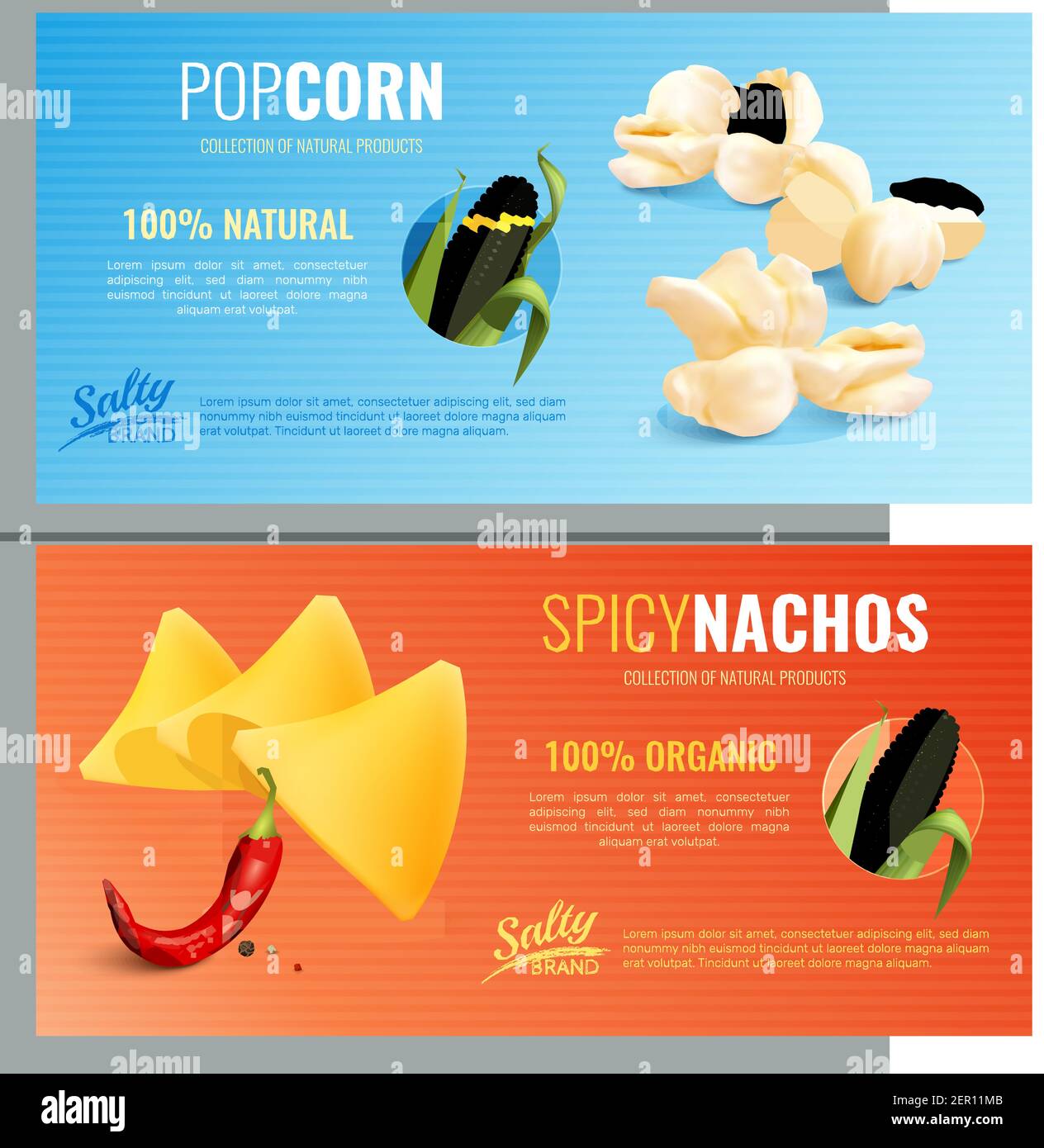 Spicy nachos and fried maize horizontal banners with realistic corn cob ...