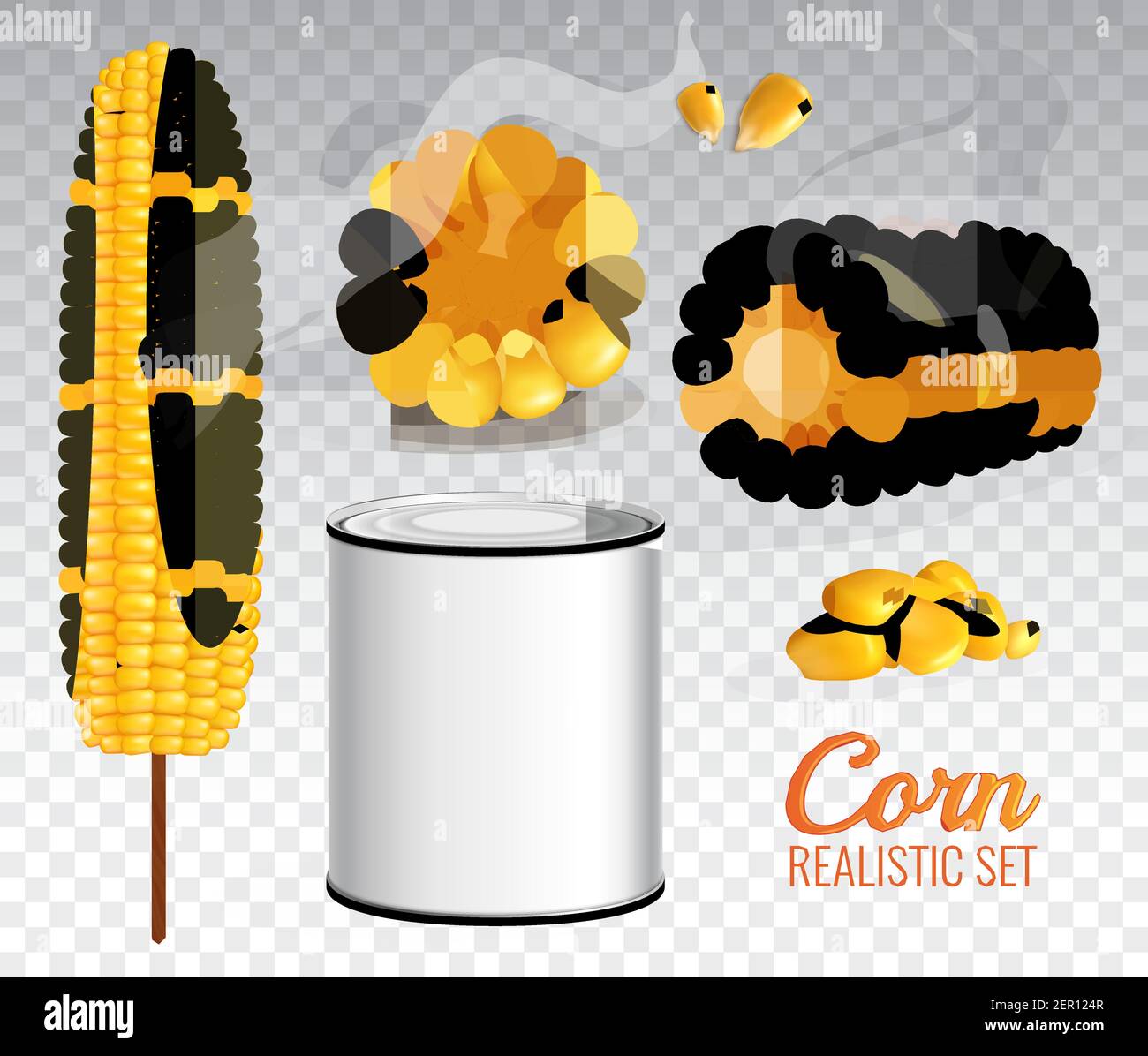 Realistic corn in cob, grains, baked buttered maize, canned product ...
