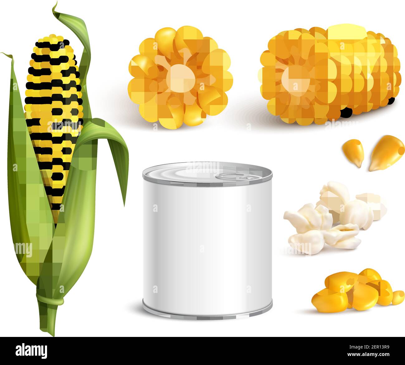 Maize in cob with green leaves, grains, pop corn, canned product ...
