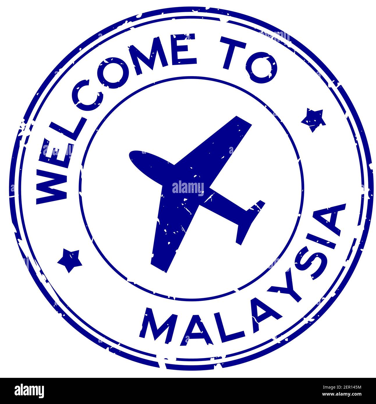 Grunge blue welcome to Malaysia word with airplane icon round rubber ...