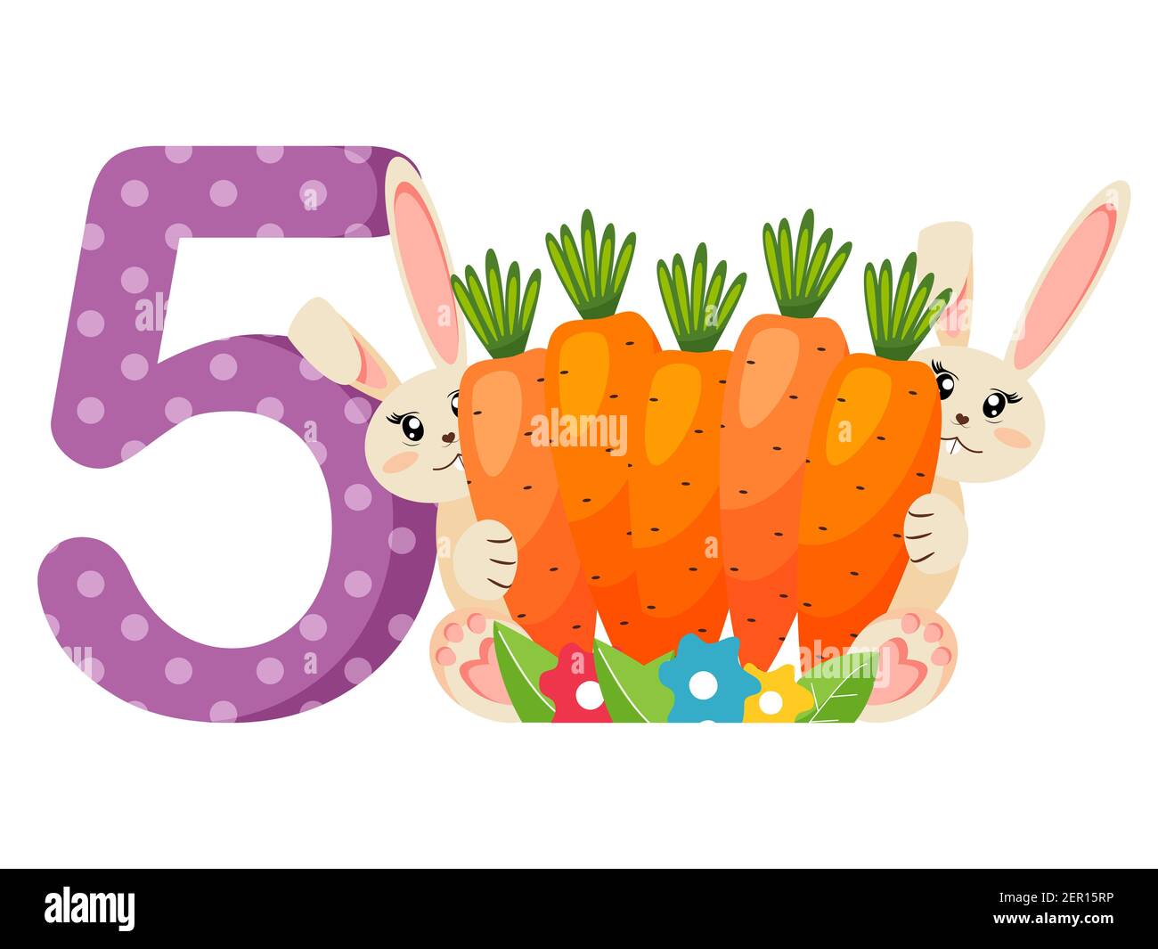 Number 5 five for kids. Learn to count with funny bunnies. Vector ...