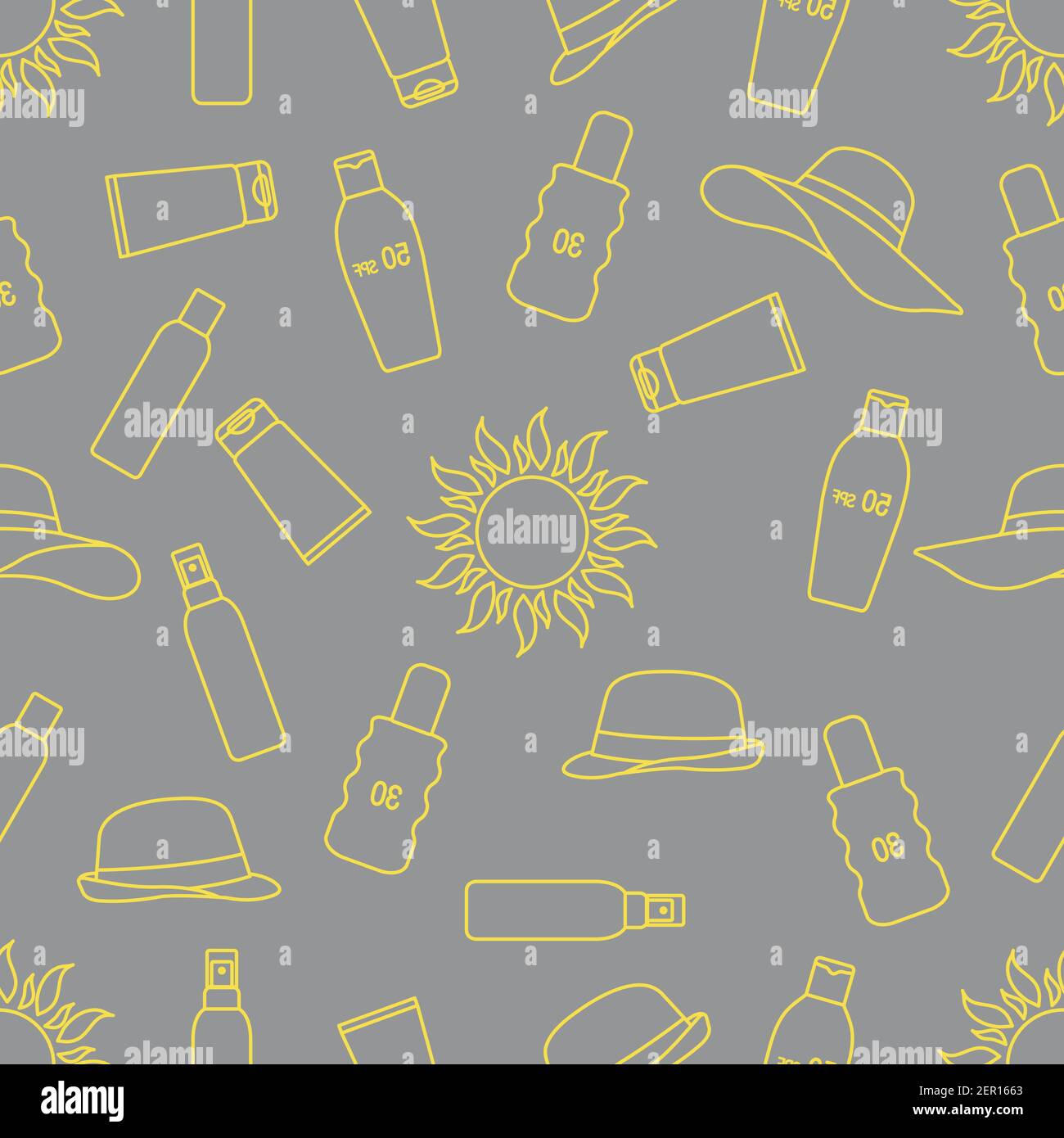Vector seamless pattern Travel illustration Sun, sun hats, sunscreen cream, lotion, milk Skin ...
