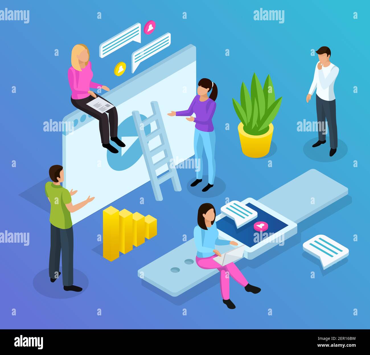 People and interfaces isometric composition with computer app window and various pictograms ...
