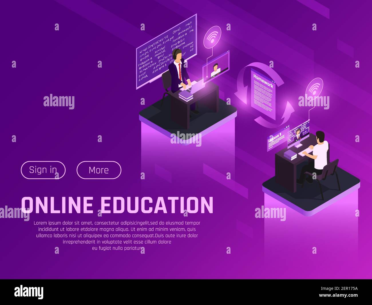 Online education glow isometric composition with clickable buttons editable text and futuristic ...