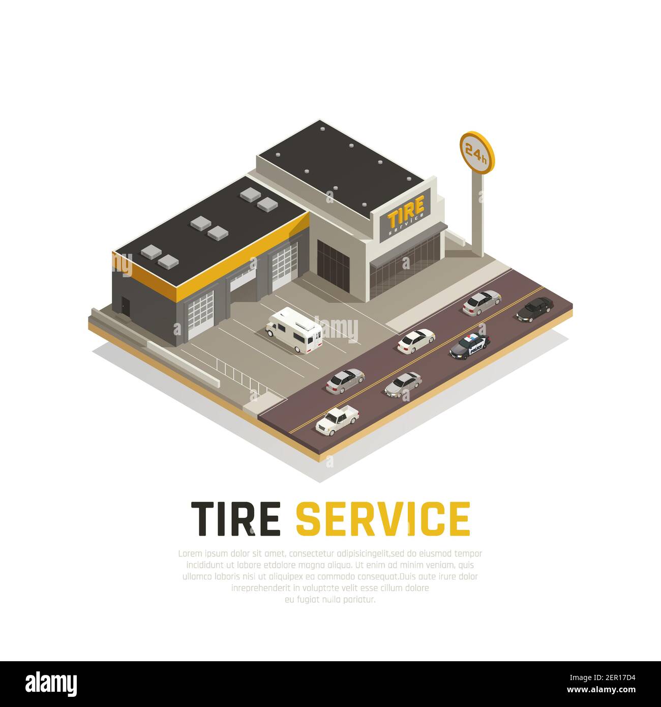 Tire production service isometric background composition with images of ...