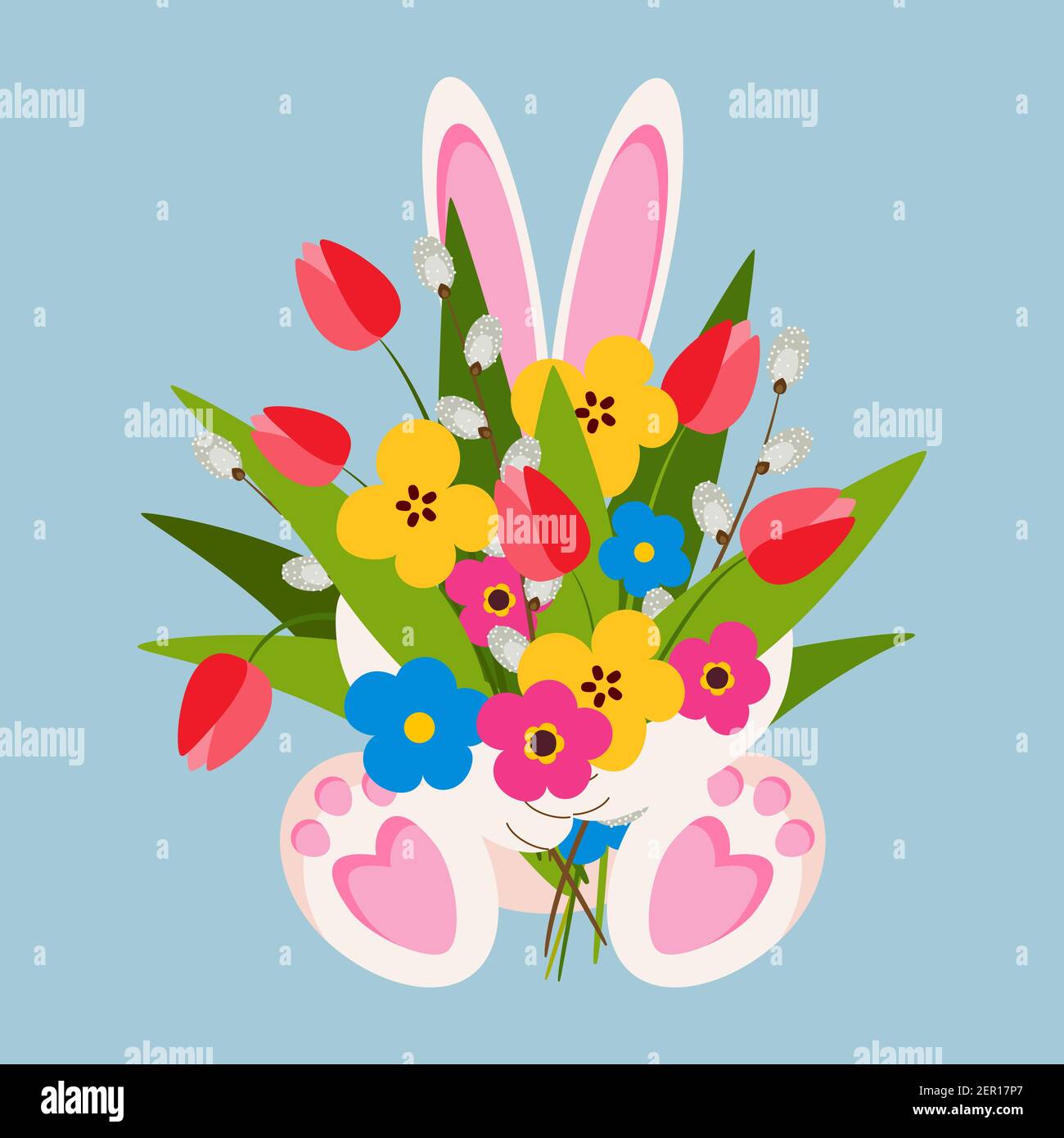 Cute baby bunny, rabbit holding bouquet of flowers vector illustration ...