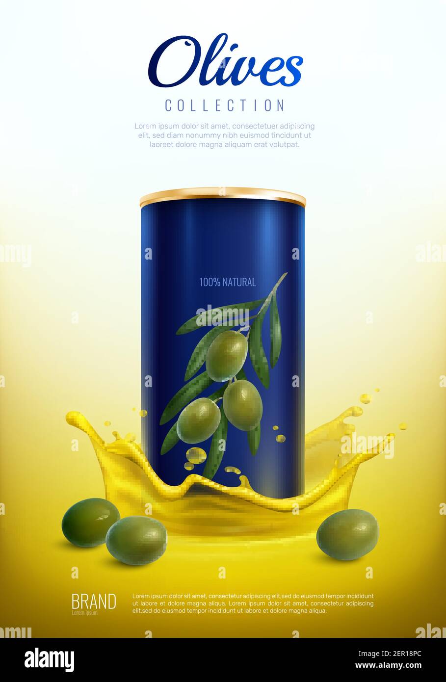 Realistic canned olives, metal packaging in yellow splashes advertising ...