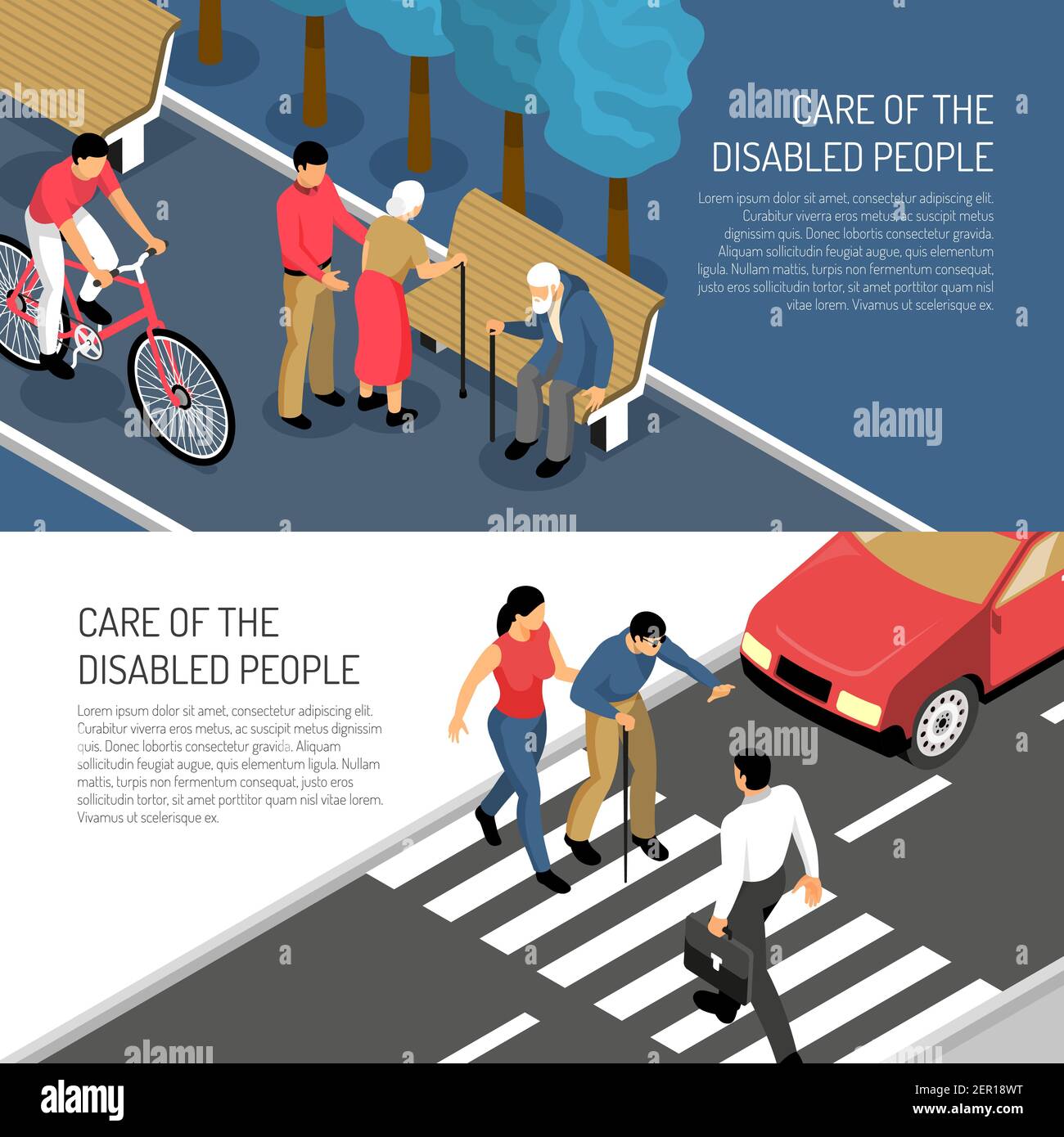 Disabled people isometric horizontal banners assistance to elderly and ...