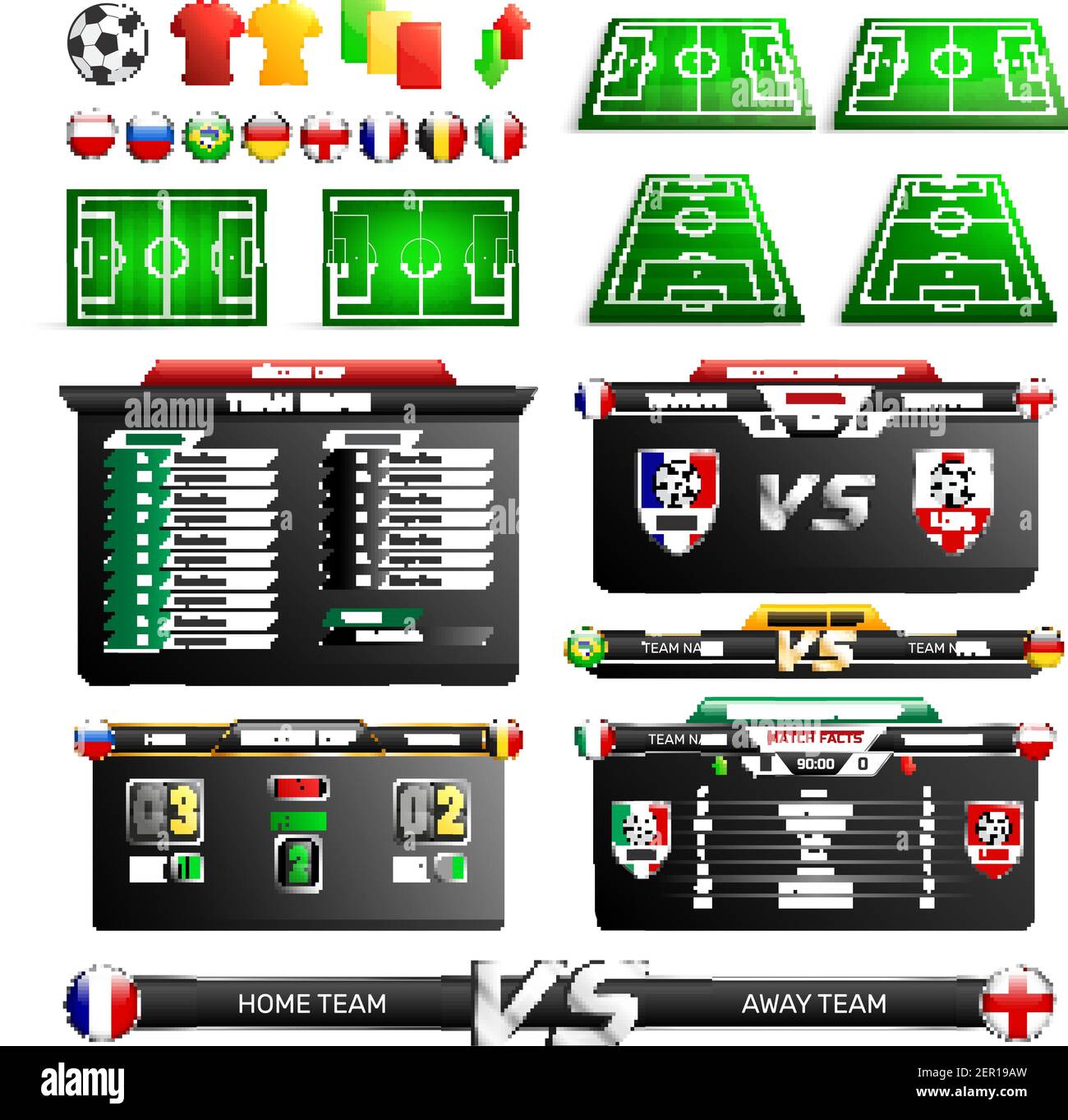 Sport program broadcast elements with soccer fields, uniforms icons ...