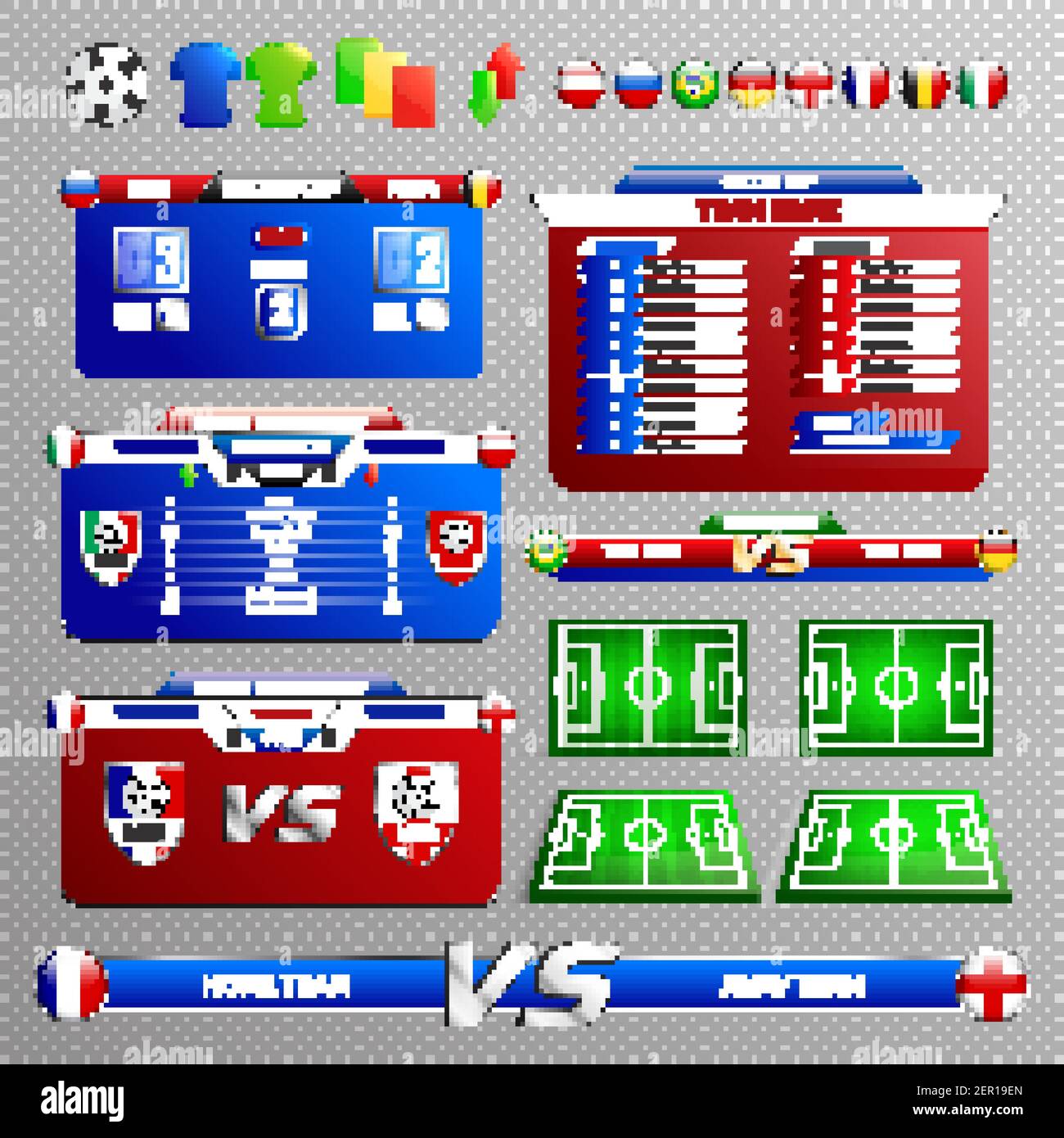Set of soccer broadcast elements with tournament tables, country flags ...