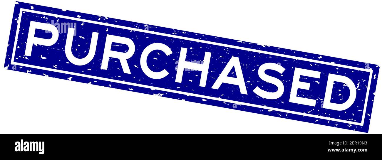 Grunge blue purchased word square rubber seal stamp on white background ...