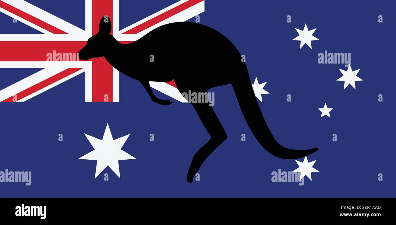 Vector illustration flag of Australia and black silhouette of kangaroo ...
