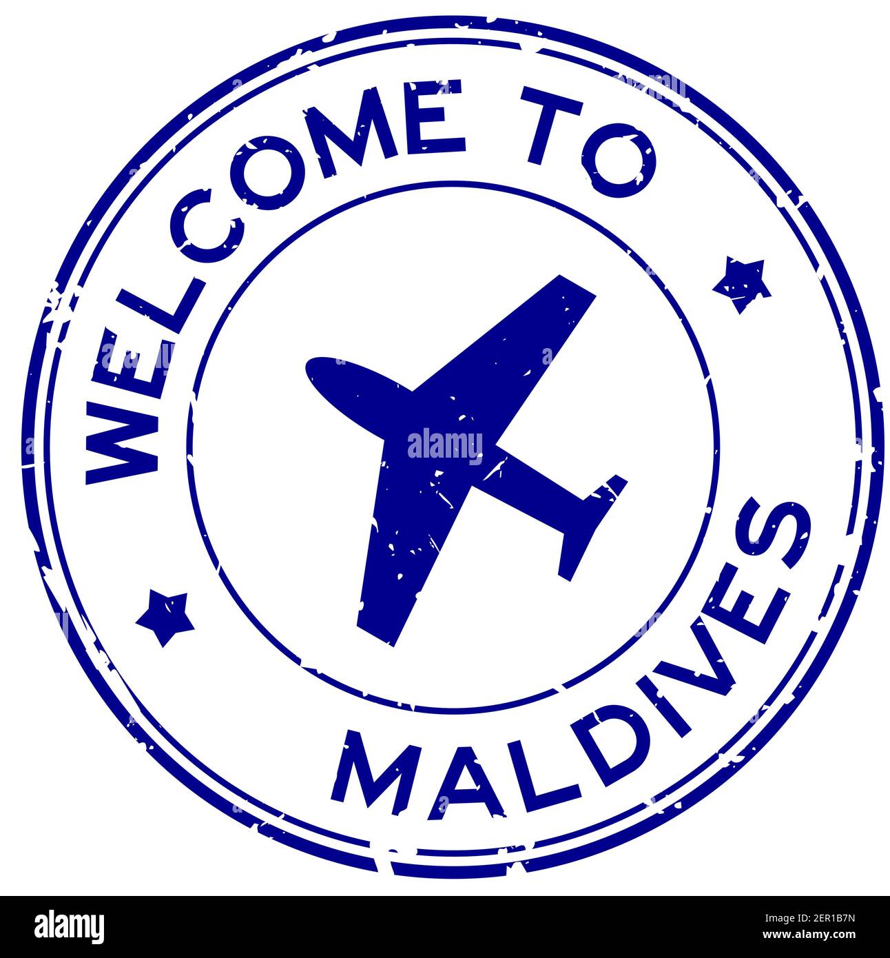 Grunge blue welcome to Maldives word with airplane icon round rubber ...