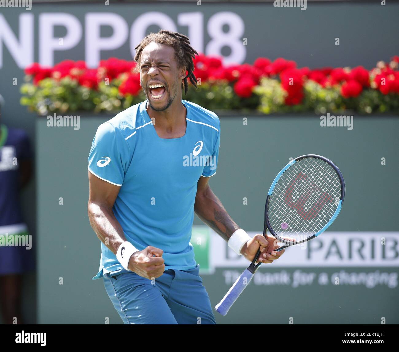 March 11, 2018 Gael Monfils (FRA) reacts to winning the second set ...